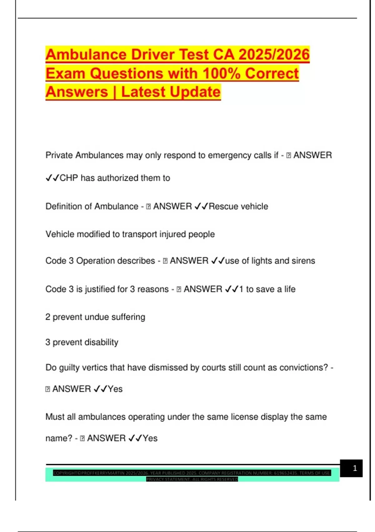 Ambulance Driver Test CA 2025/2026 Exam Questions with 100% Correct ...
