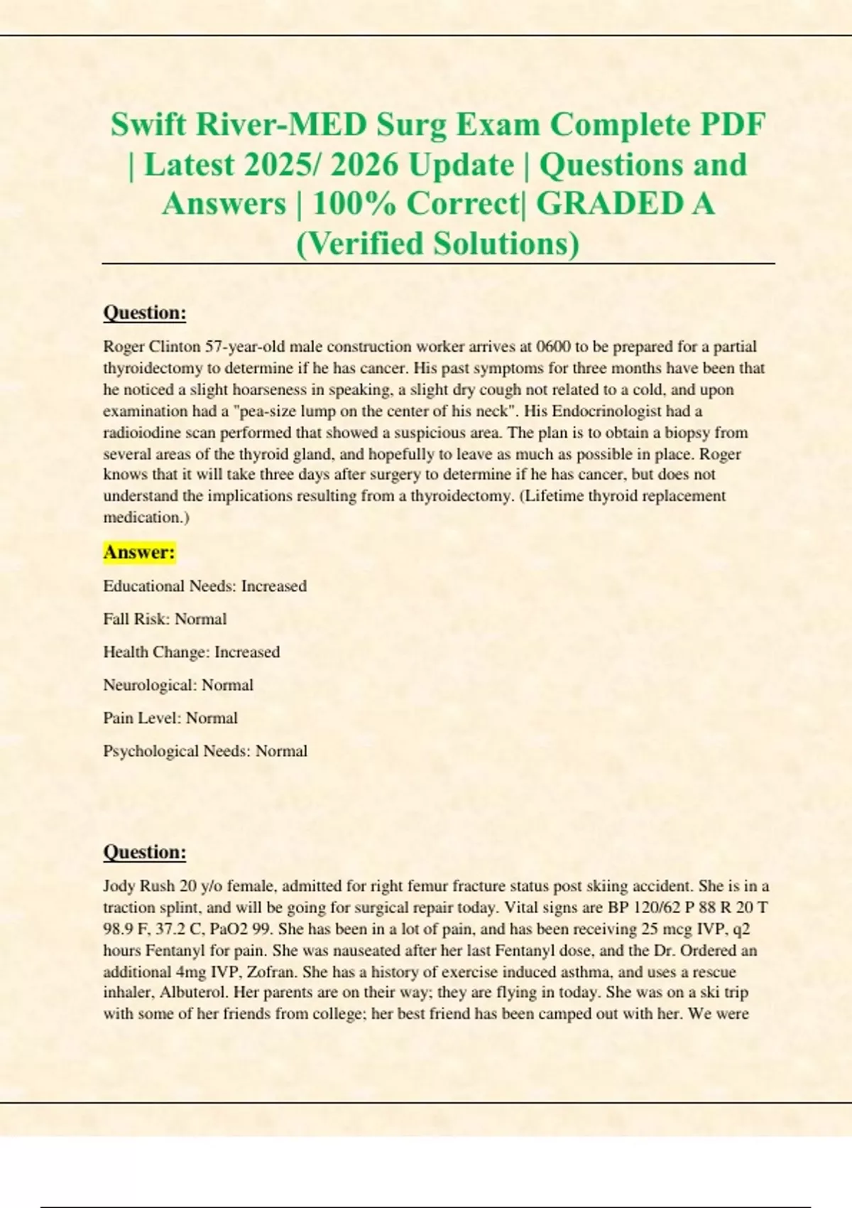 Swift River-MED Surg Exam Complete PDF | Latest 2025/ 2026 Update ...