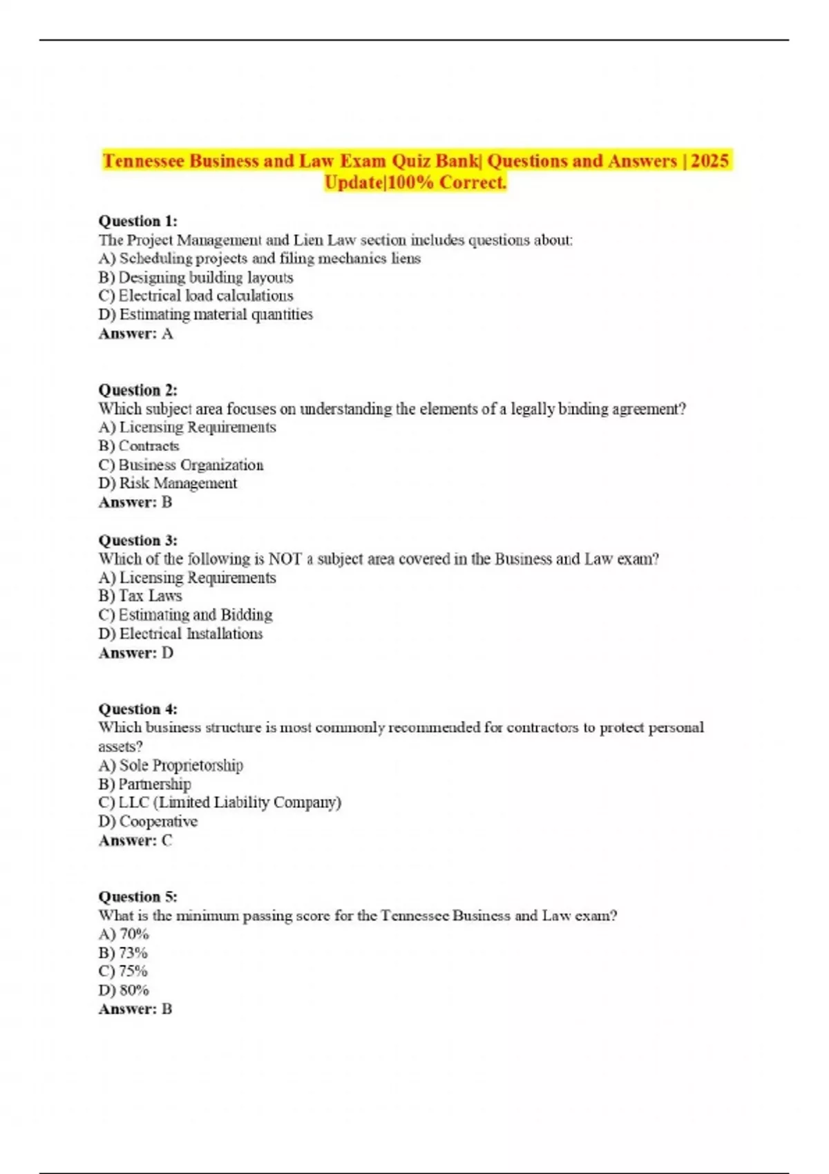 Tennessee Business and Law Exam Quiz Bank| Questions and Answers | 2025 ...