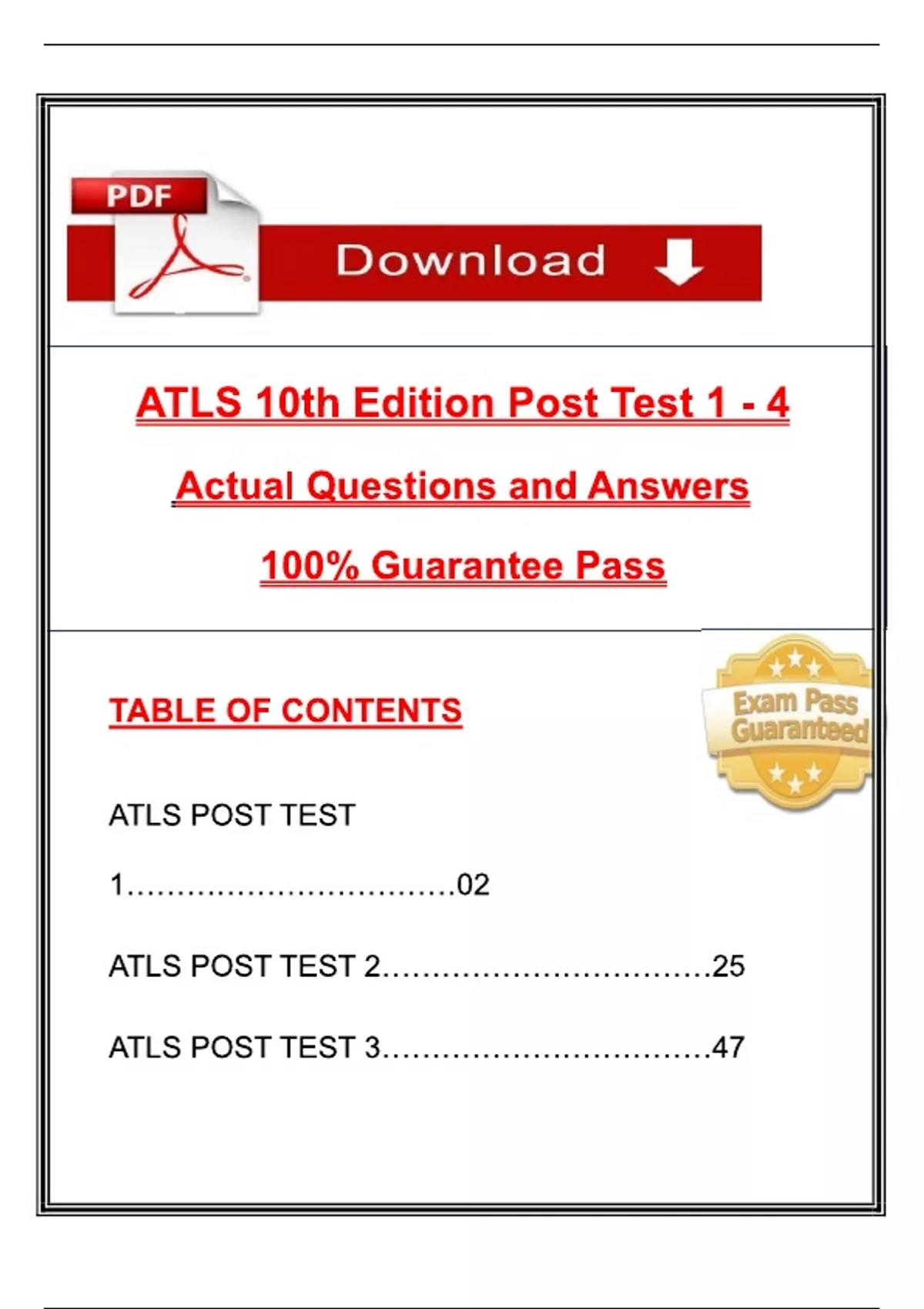 ATLS 10th Edition Post Test 1, 2, 3 & 4 Actual Questions with Verified ...