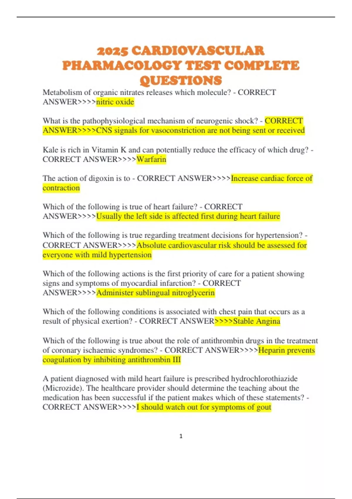2025 CARDIOVASCULAR PHARMACOLOGY TEST COMPLETE QUESTIONS - 2025 ...