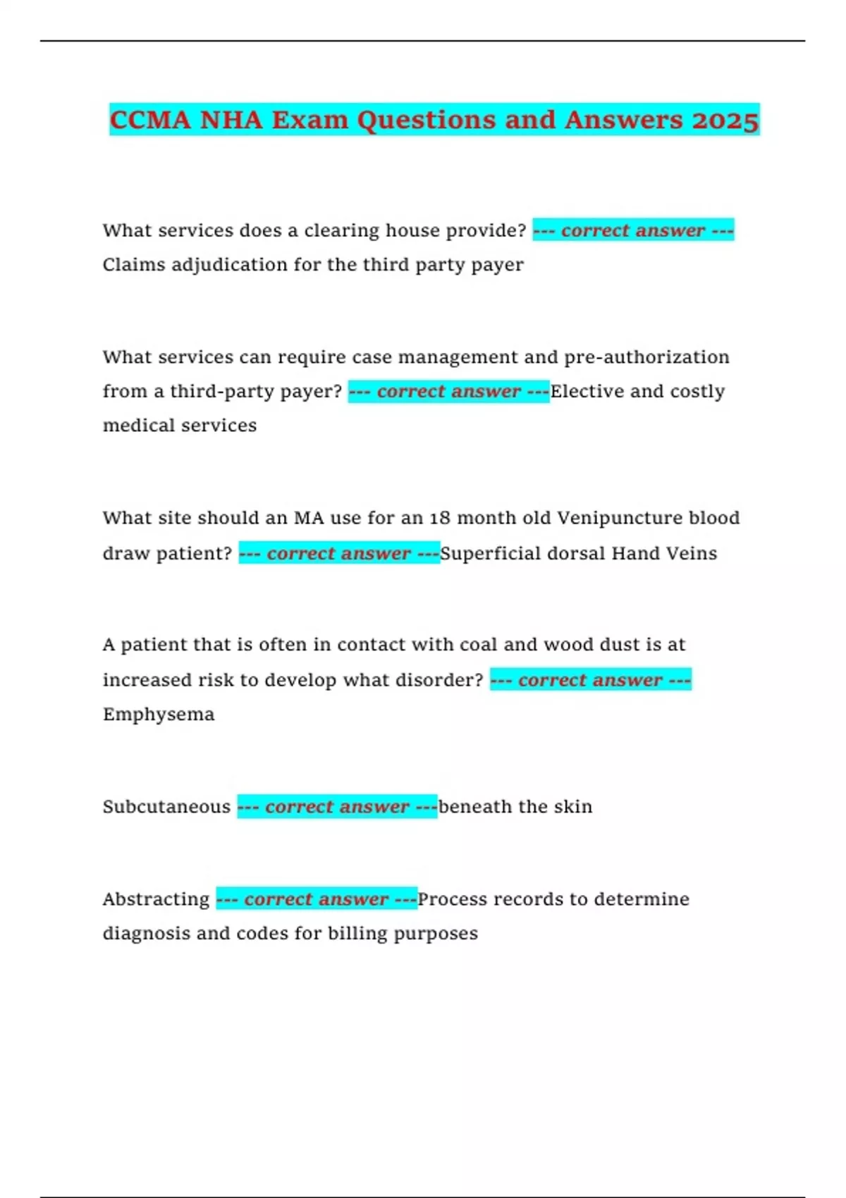 CCMA NHA Exam Questions and Answers 2025 - CCMA NHA - Stuvia US