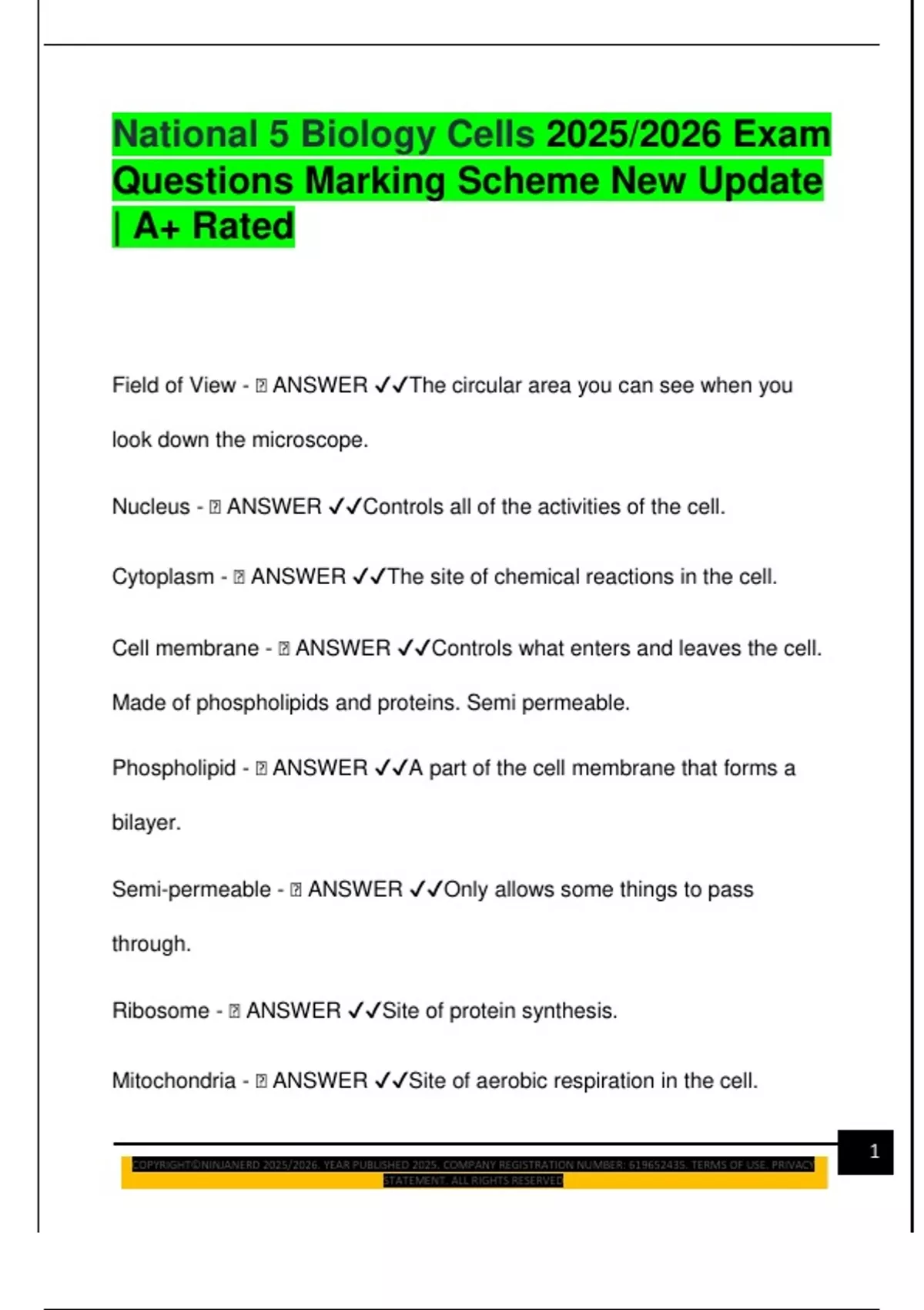 National 5 Biology Cells 2025/2026 Exam Questions Marking Scheme New ...
