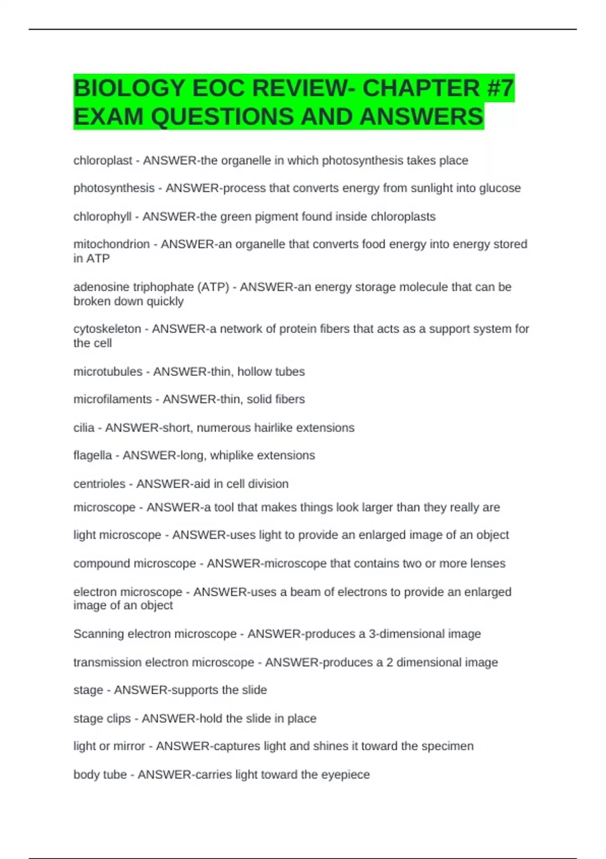 BIOLOGY EOC REVIEW- CHAPTER #7 EXAM QUESTIONS AND ANSWERS - BIOLOGY EOC ...