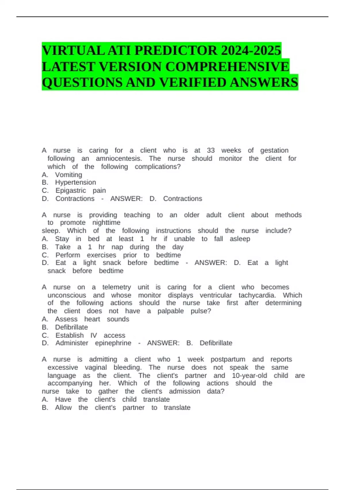VIRTUAL ATI PREDICTOR LATEST VERSION COMPREHENSIVE QUESTIONS AND ...