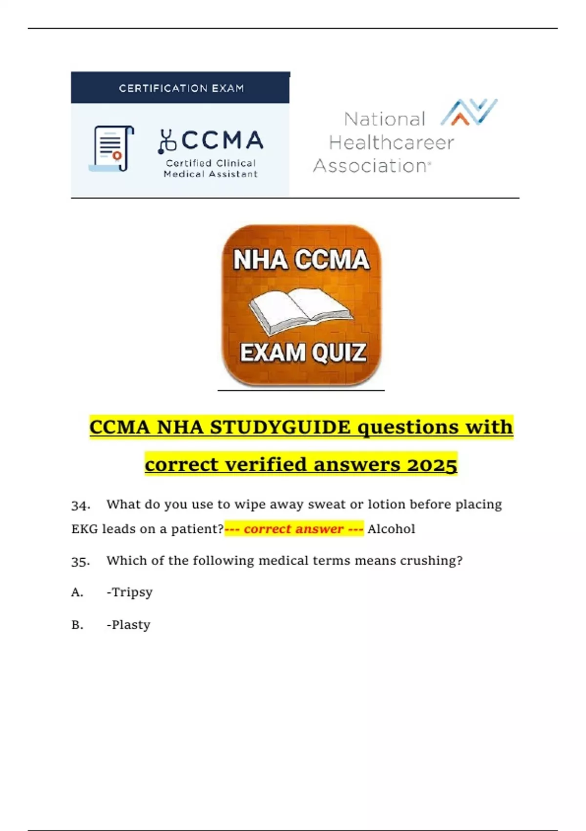 CCMA NHA STUDYGUIDE questions with correct verified answers 2025 - CCMA ...