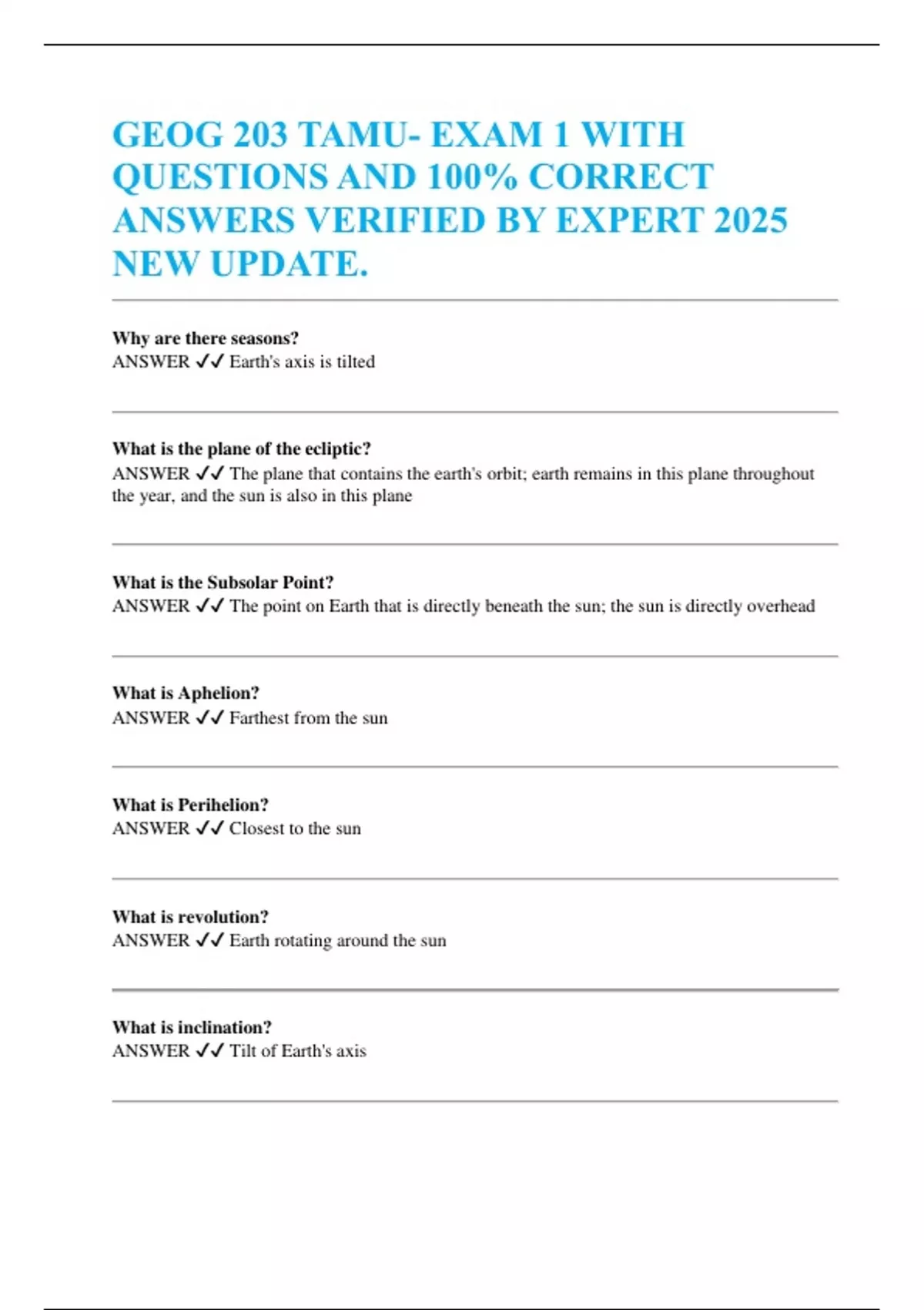 GEOG 203 TAMU- EXAM 1 WITH QUESTIONS AND 100% CORRECT ANSWERS VERIFIED ...