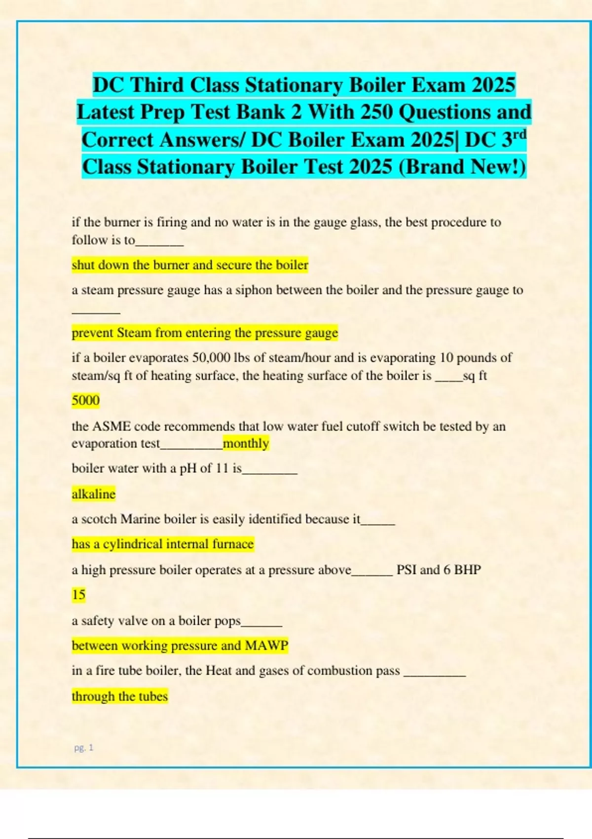 DC Third Class Stationary Boiler Exam 2025 Latest Prep Test Bank 2 With ...