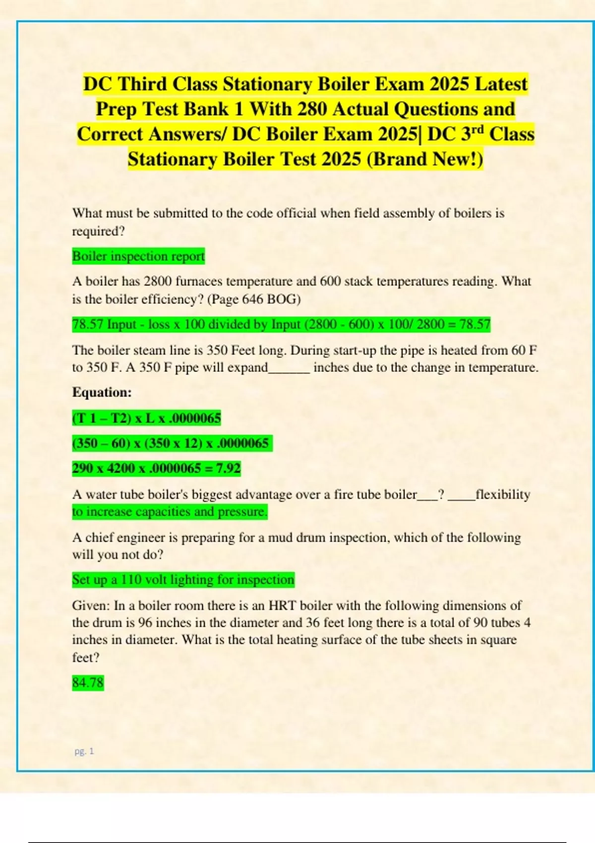 DC Third Class Stationary Boiler Exam 2025 Latest Prep Test Bank 1 With ...