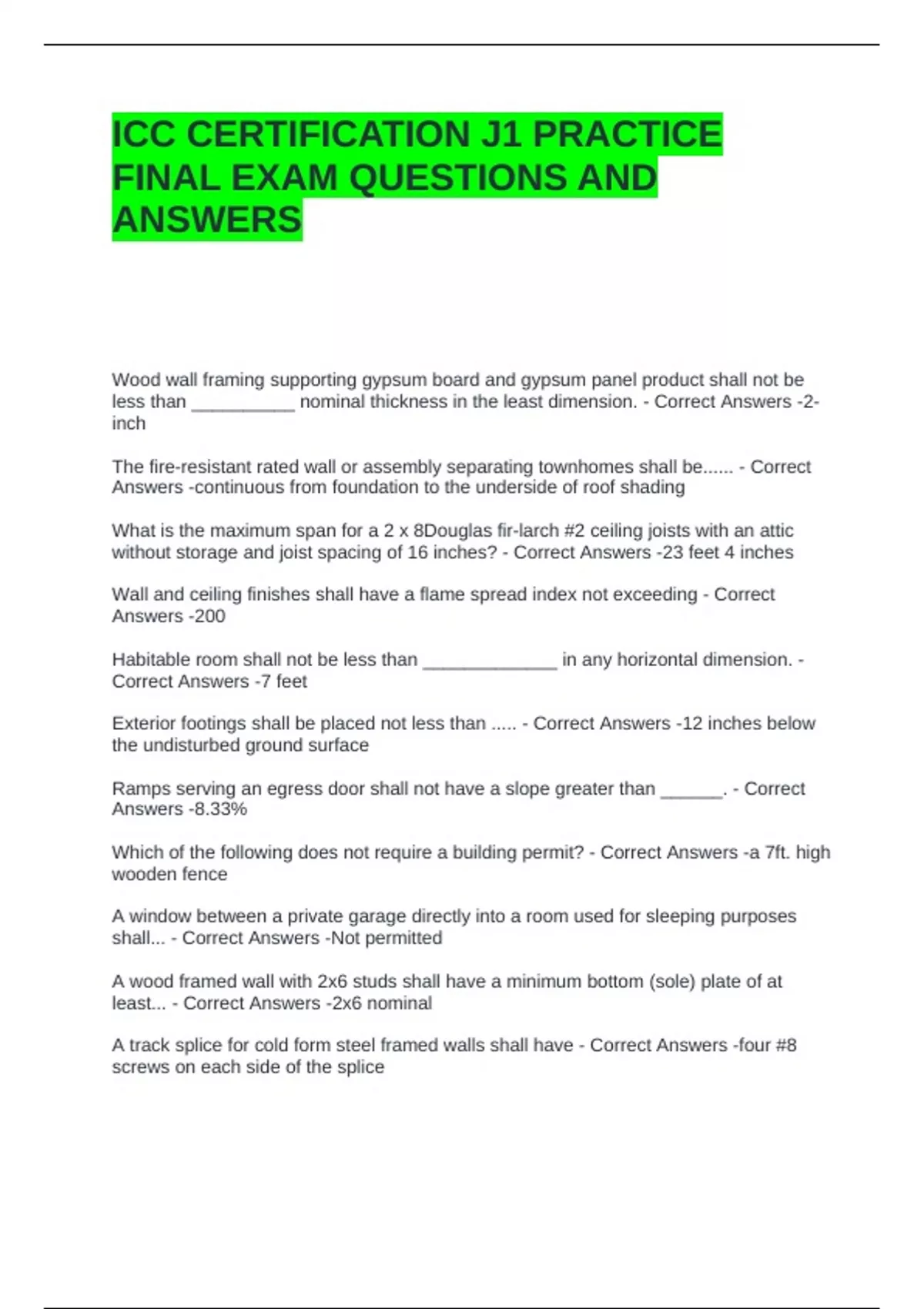 ICC CERTIFICATION J1 PRACTICE FINAL EXAM QUESTIONS AND ANSWERS - ICC Soils - Stuvia US