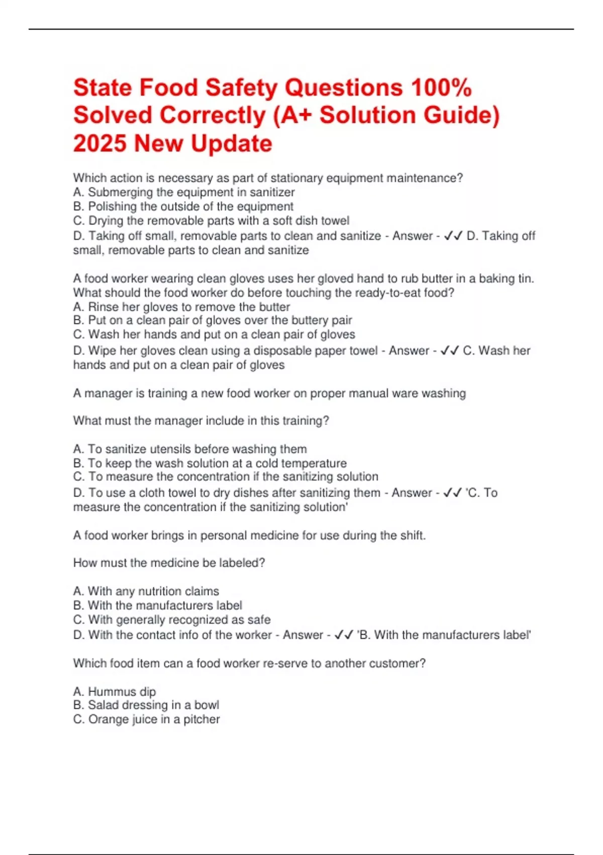 State Food Safety Questions 100% Solved Correctly (A+ Solution Guide ...