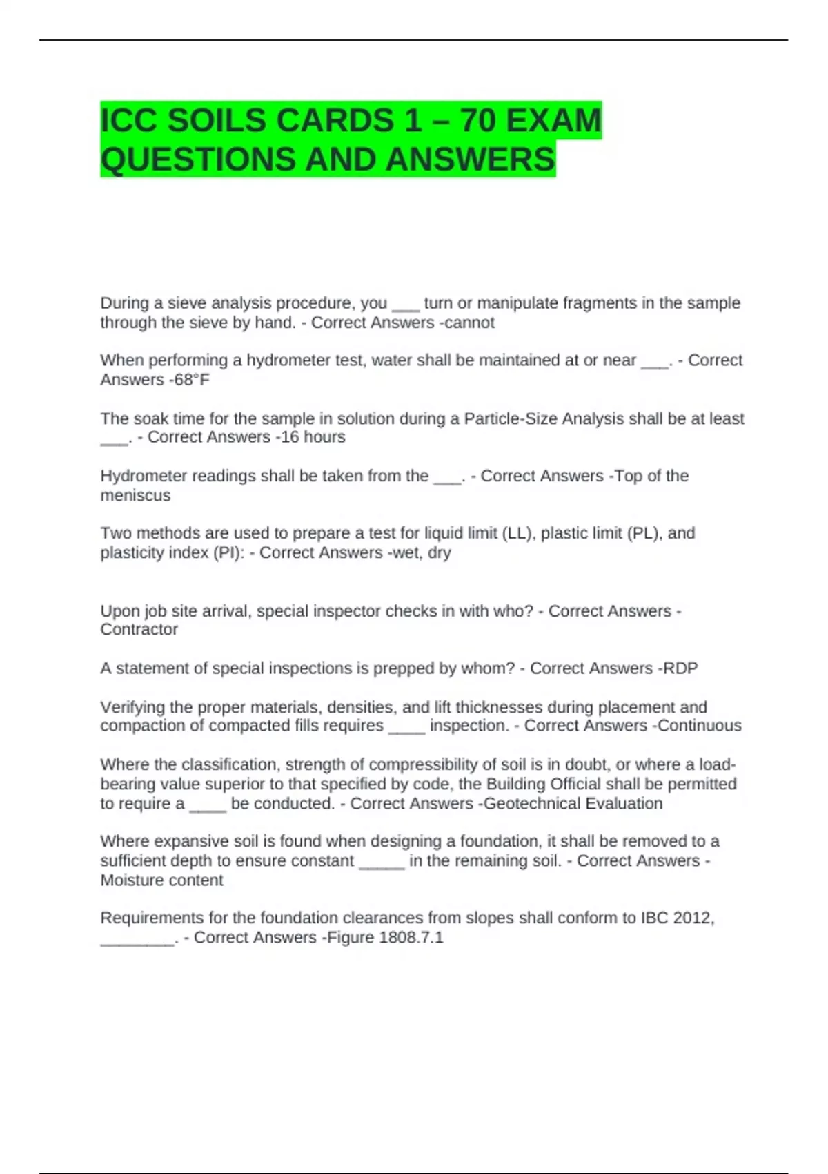 ICC SOILS CARDS 1 – 70 EXAM QUESTIONS AND ANSWERS 100% CORRECT - ICC ...