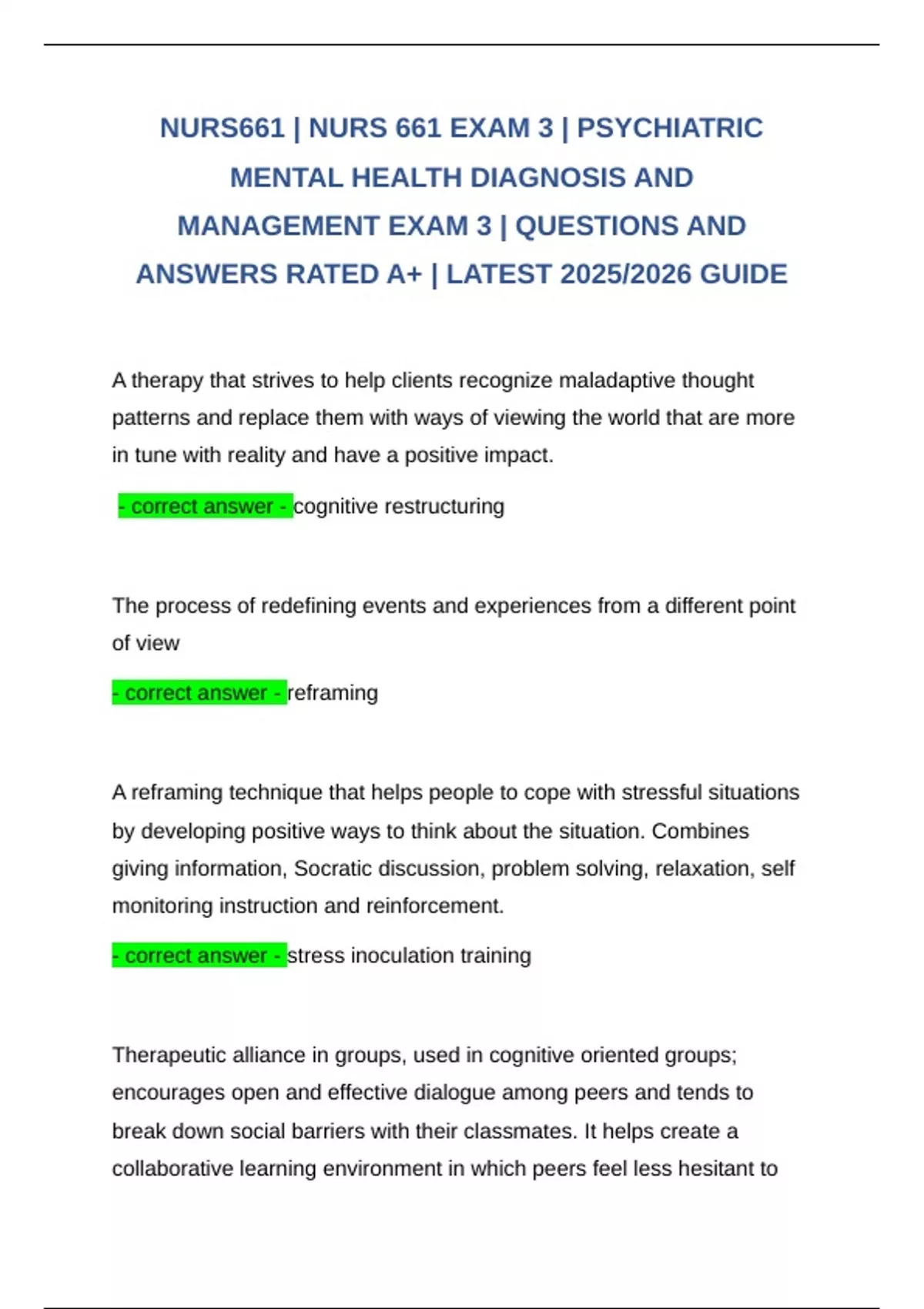 NURS661 | NURS 661 EXAM 3 | PSYCHIATRIC MENTAL HEALTH DIAGNOSIS AND MANAGEMENT EXAM 3 ...