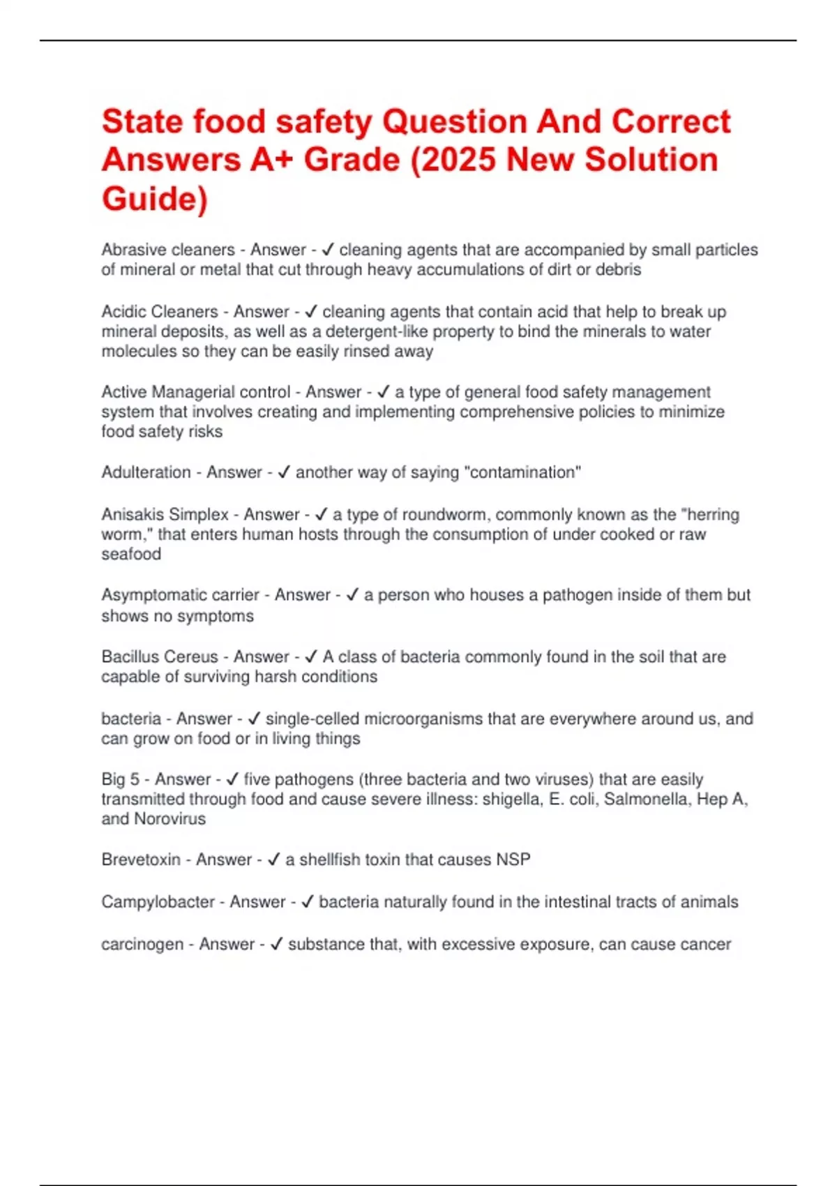 State food safety Question And Correct Answers A+ Grade (2025 New ...
