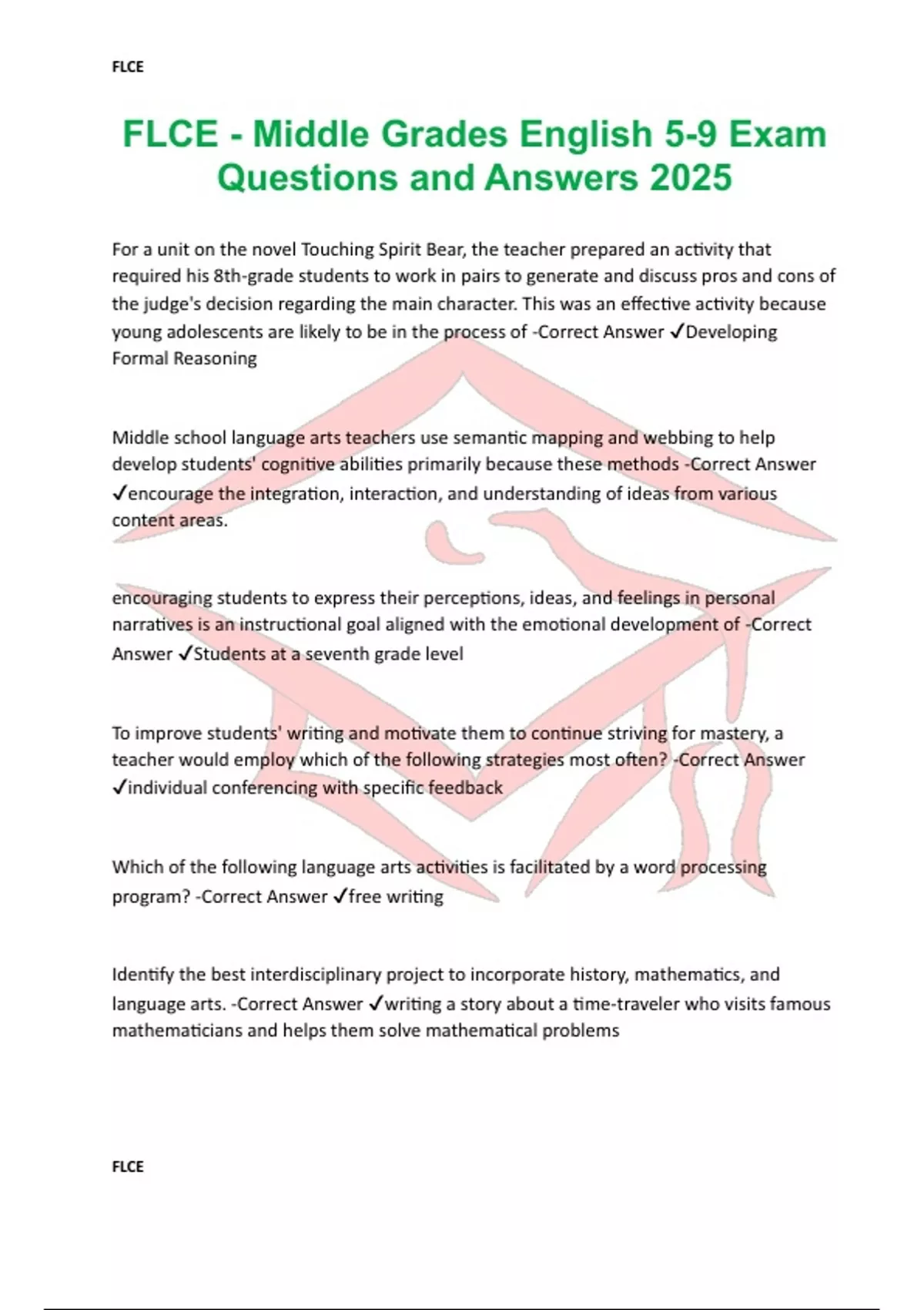 FLCE - Middle Grades English 5-9 Exam Questions and Answers 2025 - FLCE ...