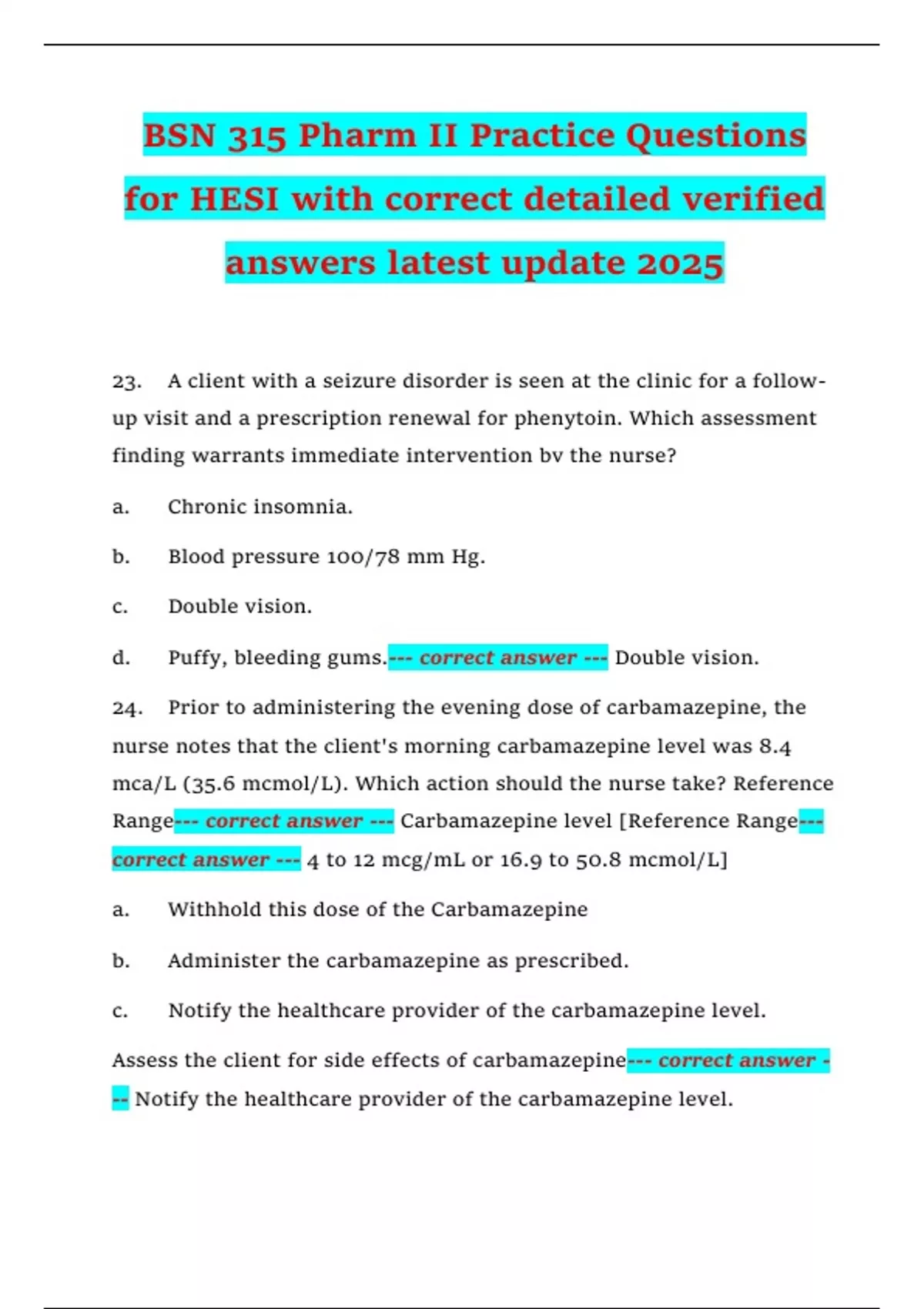 BSN 315 Pharm II Practice Questions for HESI with correct detailed ...