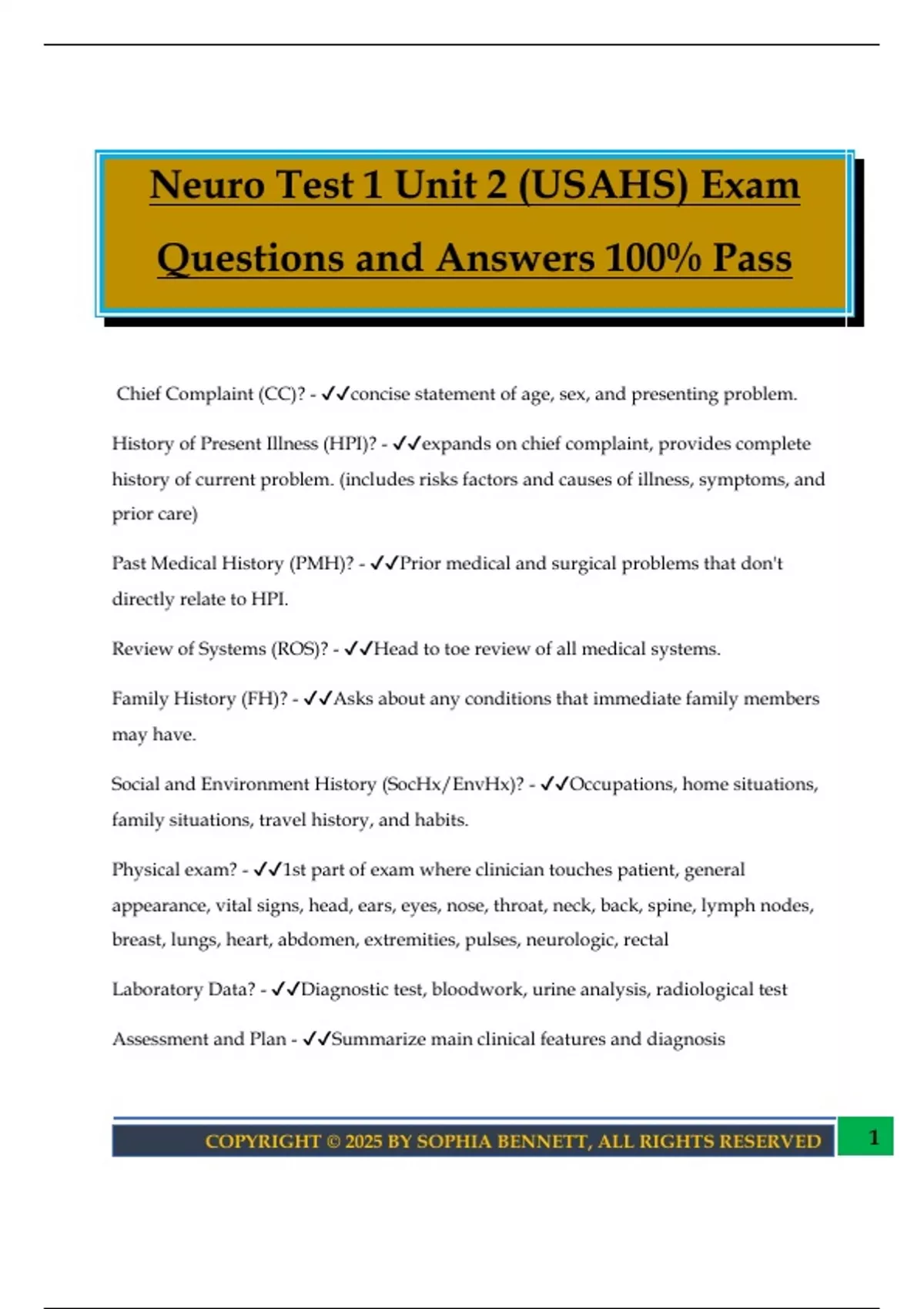 Neuro Test 1 Unit 2 (USAHS) Exam Questions and Answers 100% Pass ...