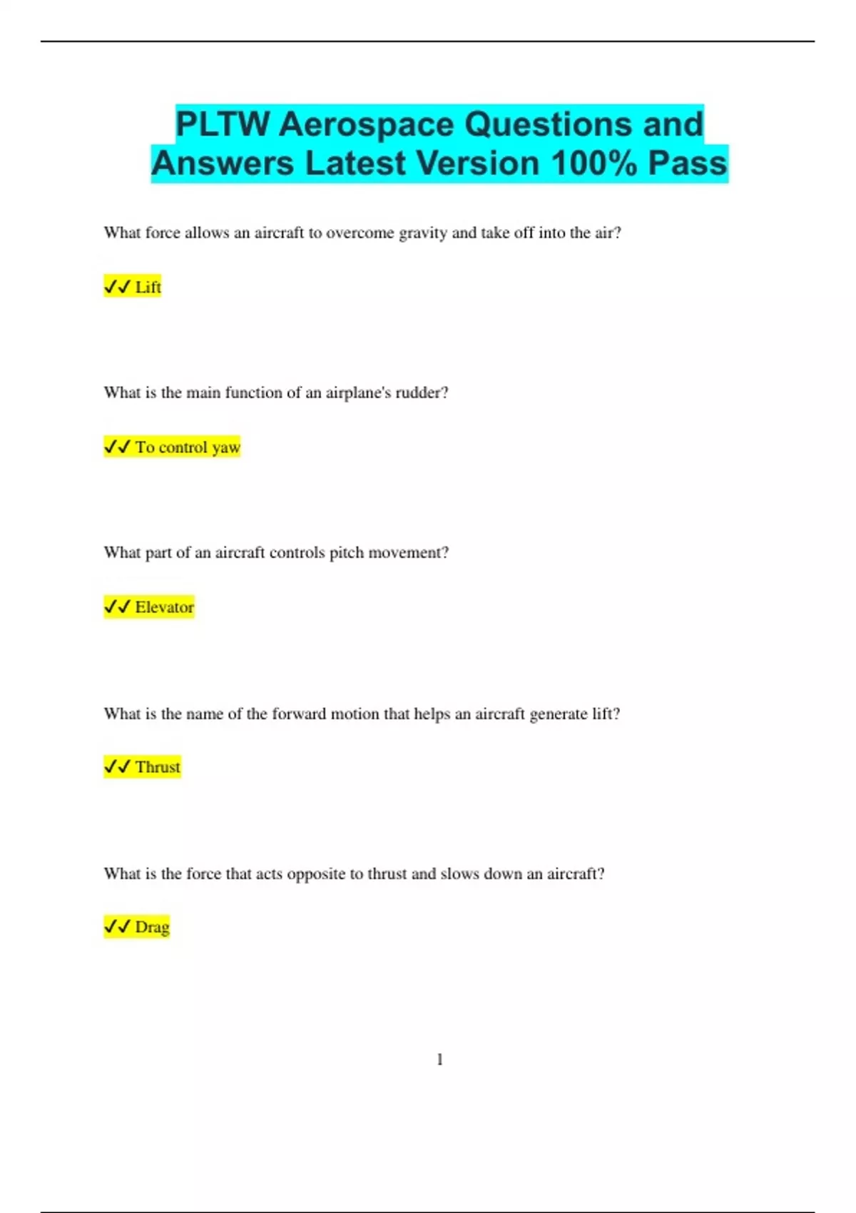 PLTW Aerospace Questions and Answers Latest Version 100% Pass - PLTW ...