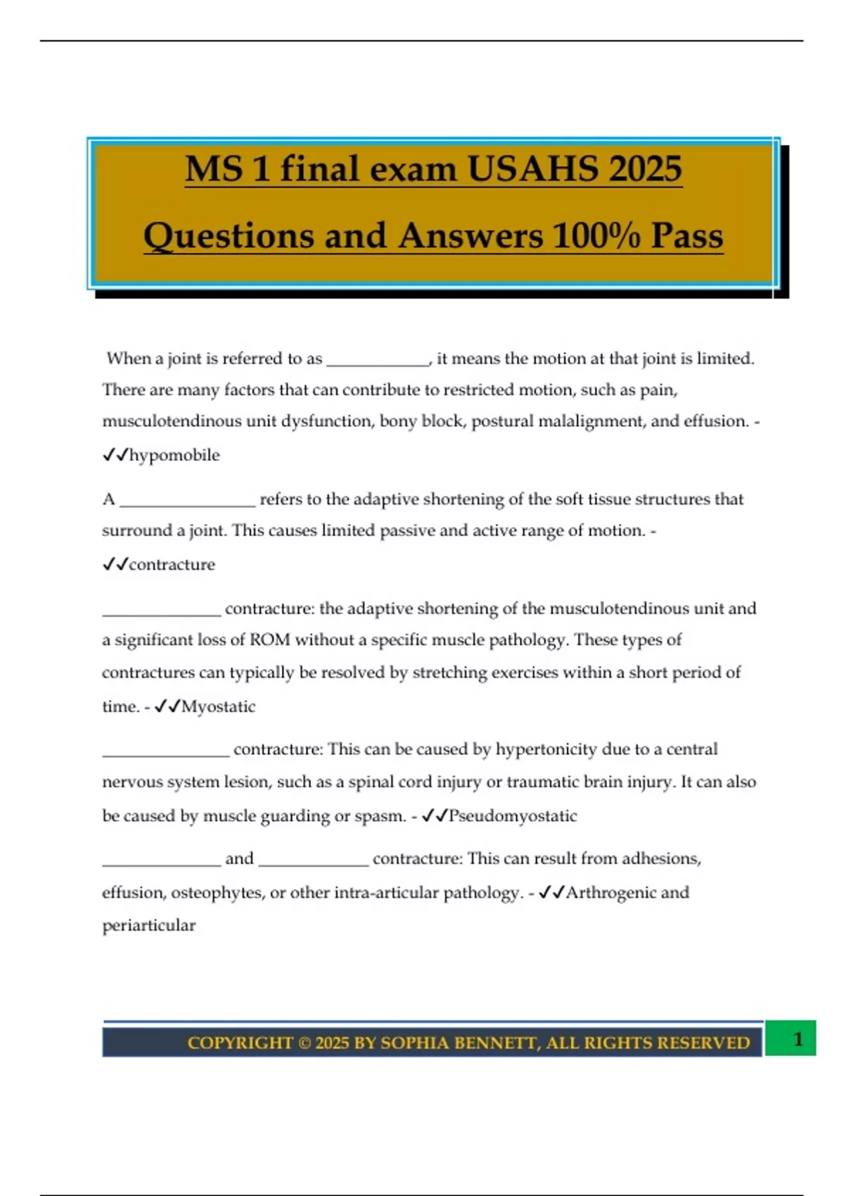 MS 1 final exam USAHS 2025 Questions and Answers 100% Pass - USAHS ...