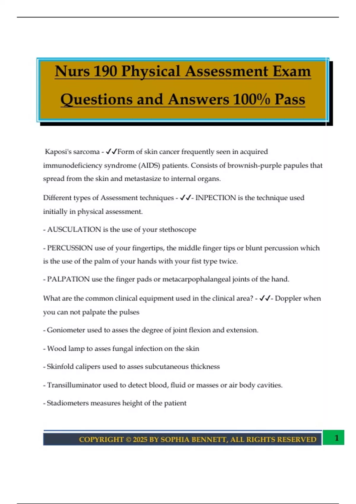 Nurs 190 Physical Assessment Exam Questions and Answers 100% Pass - NURS 190 - Stuvia US
