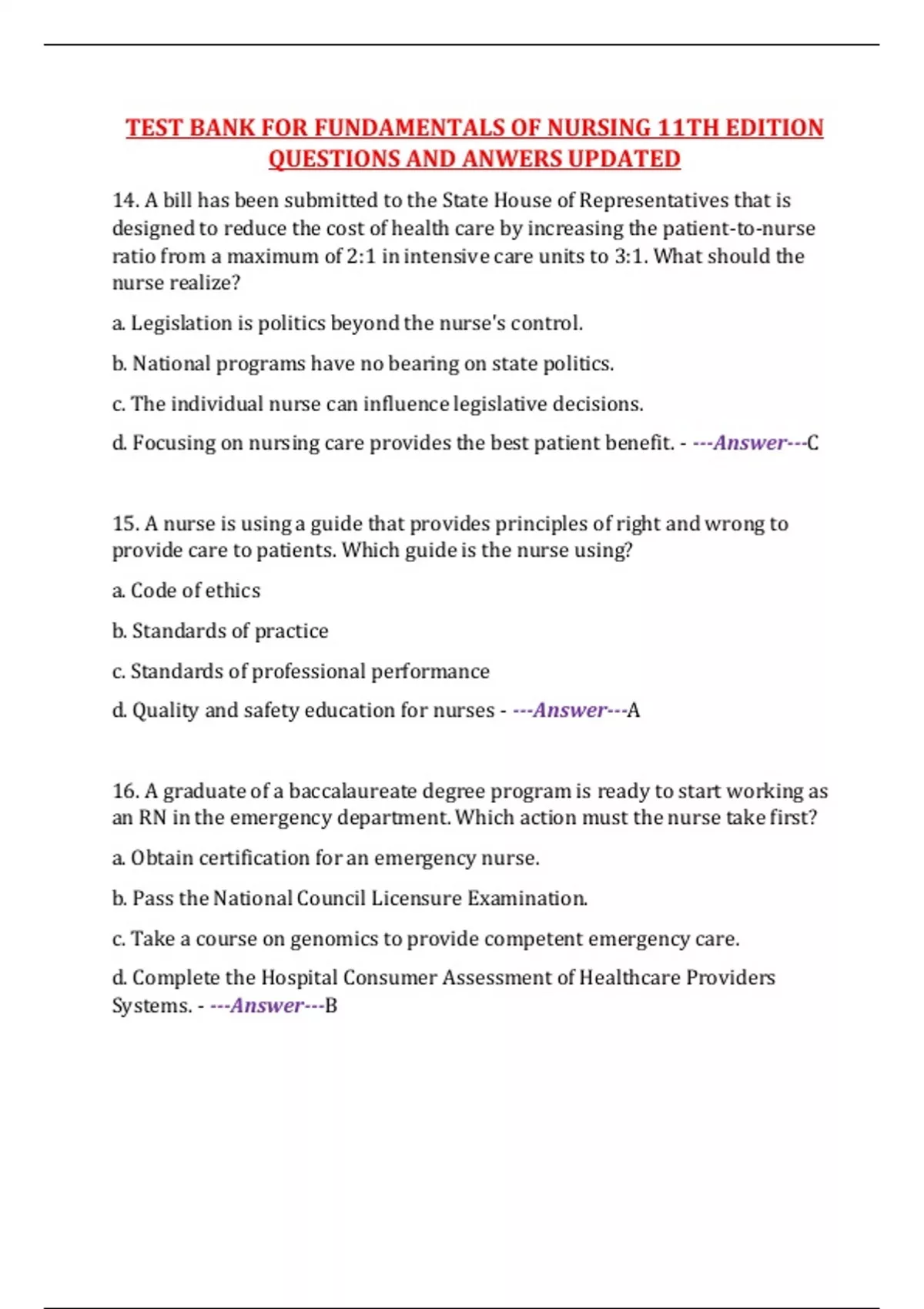 TEST BANK FOR FUNDAMENTALS OF NURSING 11TH EDITION QUESTIONS AND ANWERS ...