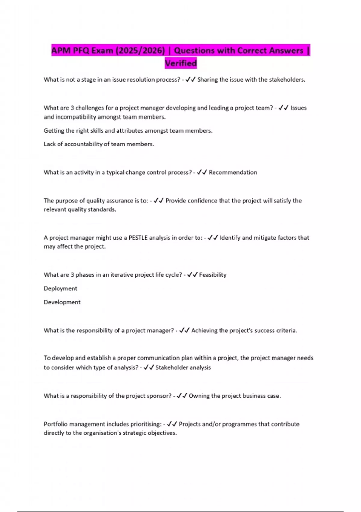 EXAMS BUNDLE::::APM PFQ (2025/2026) | Questions with Correct Answers ...