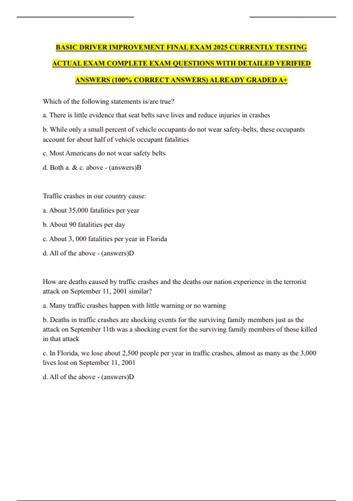 BASIC DRIVER IMPROVEMENT FINAL EXAM 2025 CURRENTLY TESTING ACTUAL EXAM ...