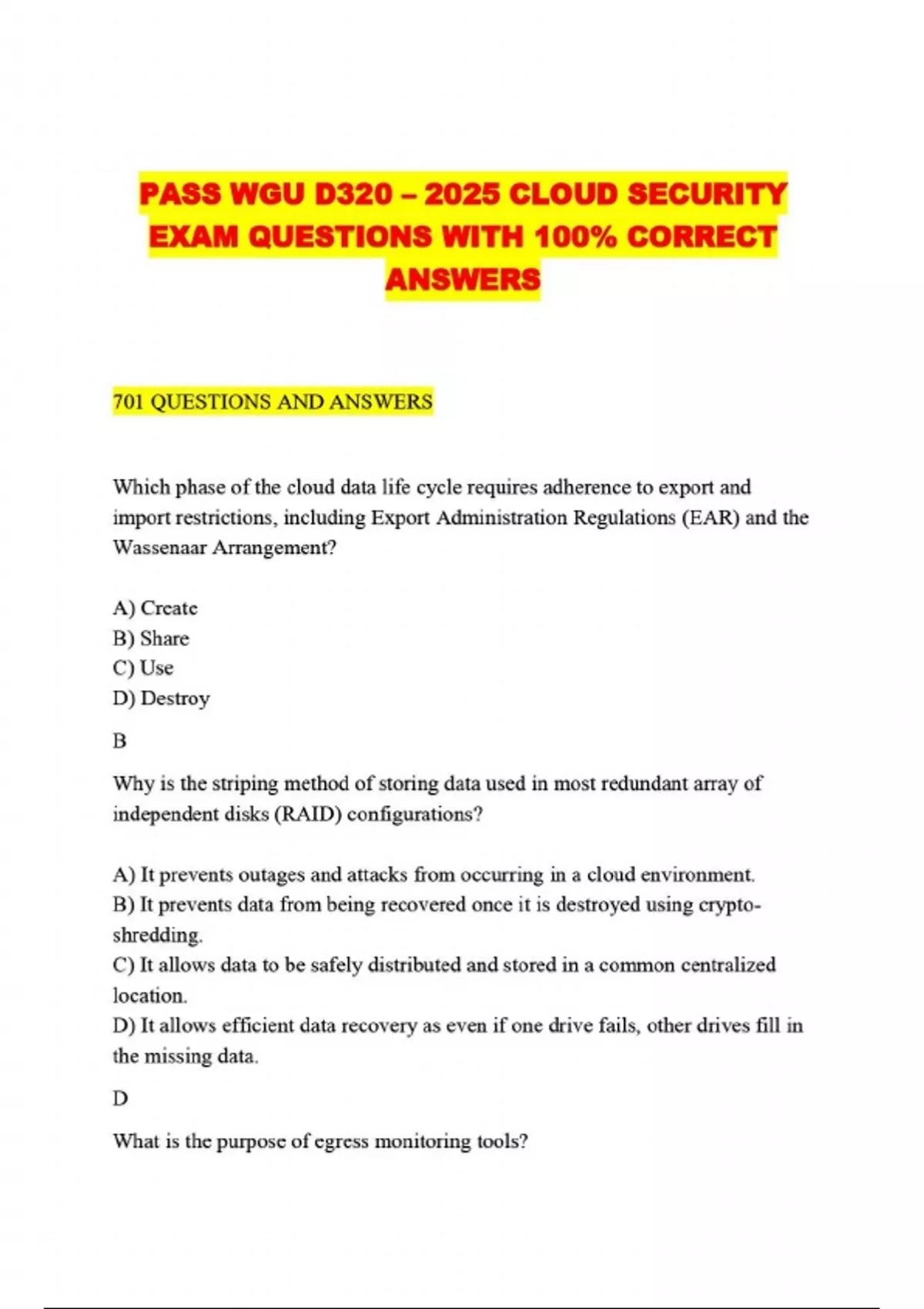 PASS WGU D320 – 2025 CLOUD SECURITY EXAM QUESTIONS WITH 100% CORRECT ANSWERS - WGU D320 – 2025 ...