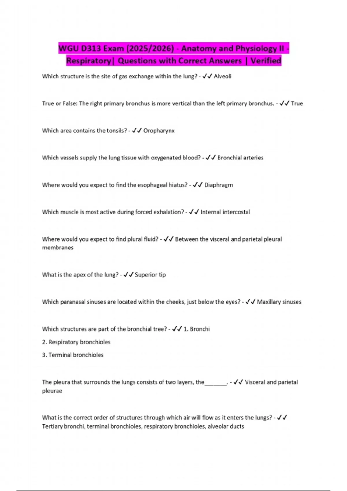 WGU D313 Exam (2025/2026) - Anatomy and Physiology II - Respiratory ...