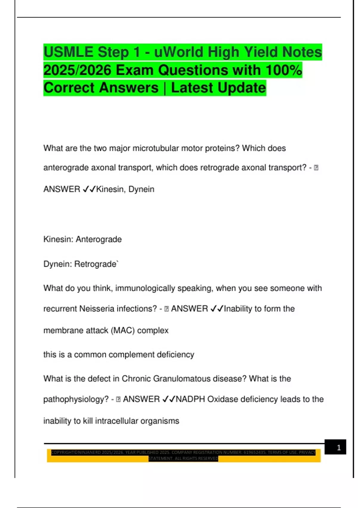 USMLE Step 1 - uWorld High Yield Notes 2025/2026 Exam Questions with ...