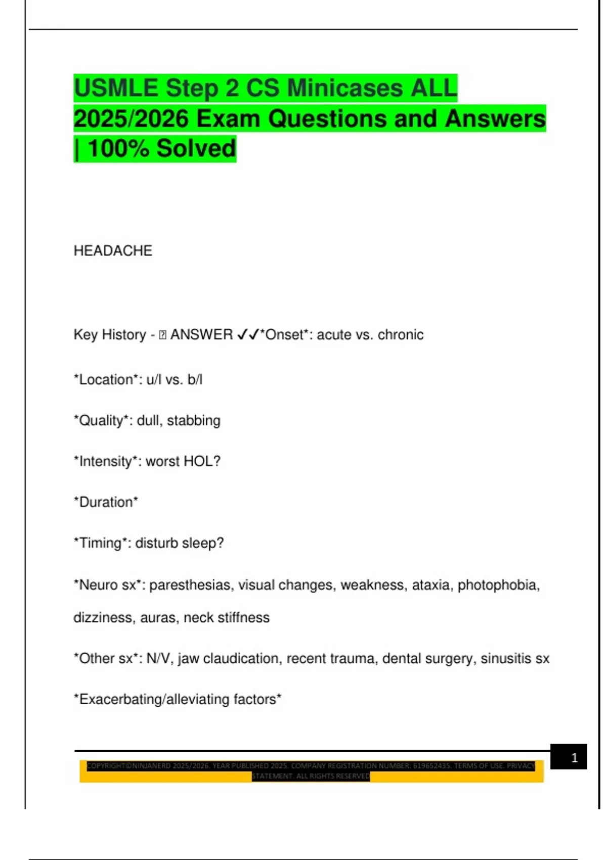 USMLE Step 2 CS Minicases ALL 2025/2026 Exam Questions and Answers ...
