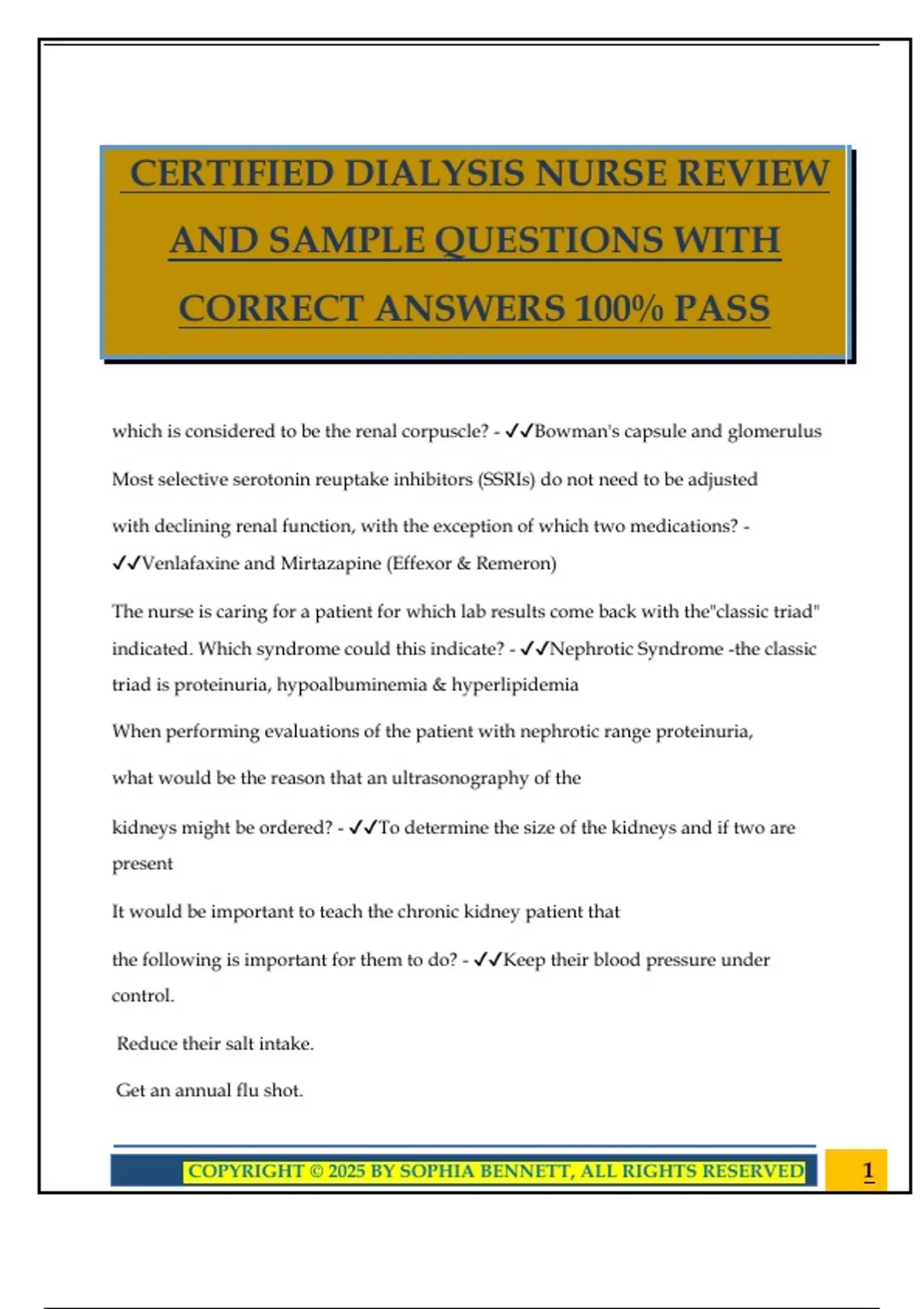 CERTIFIED DIALYSIS NURSE REVIEW AND SAMPLE QUESTIONS WITH CORRECT ...