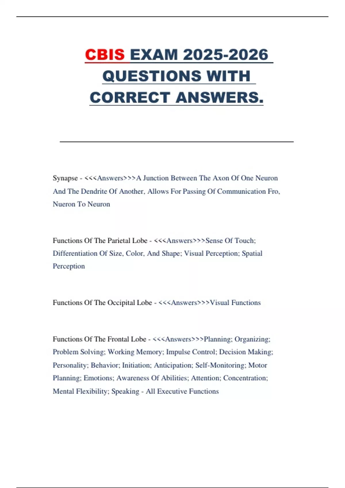 CBIS EXAM QUESTIONS WITH CORRECT ANSWERS. - CBIS - Stuvia US