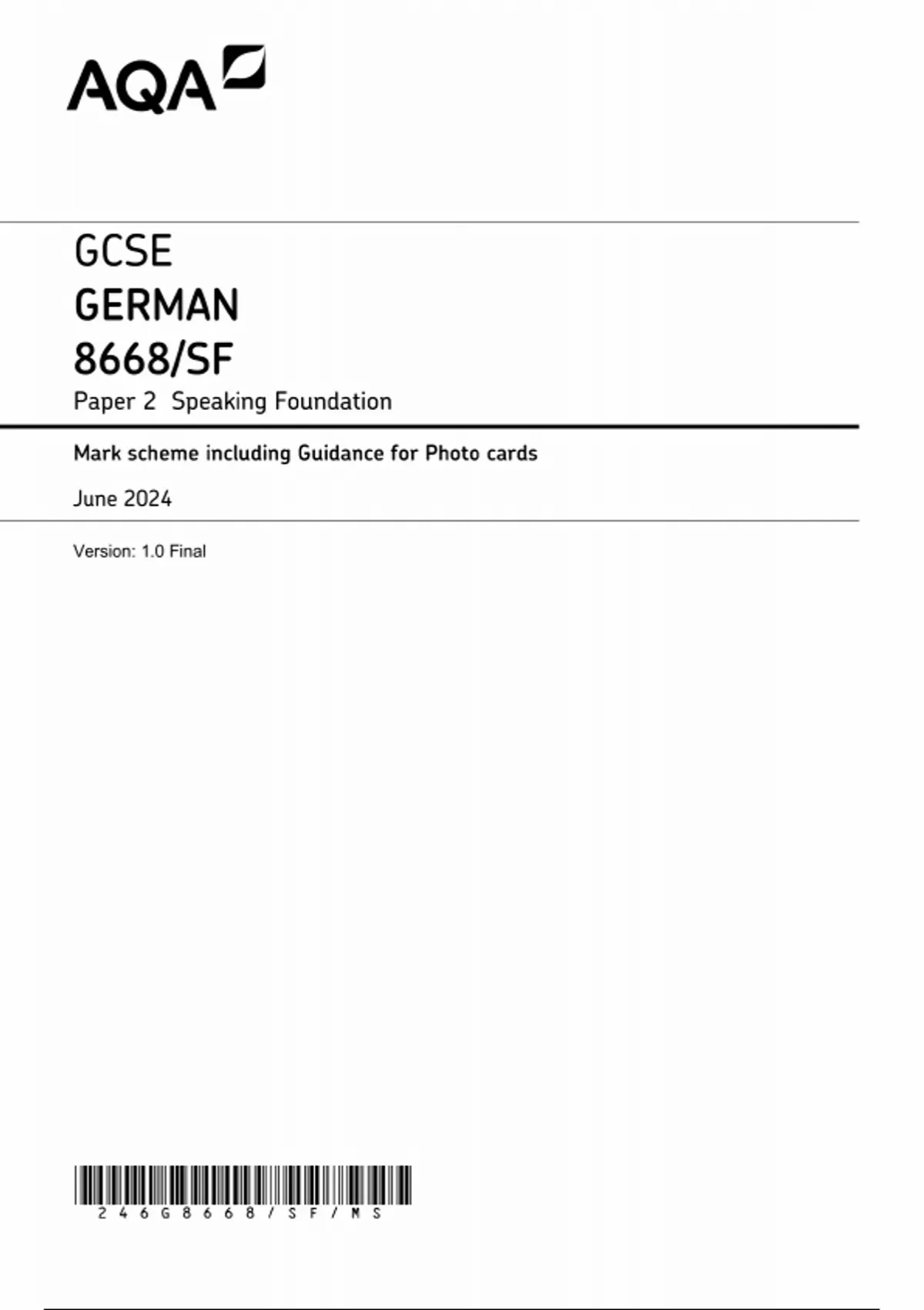 AQA GCSE GERMAN PAPER 2 MARK SCHEME including Guidance for Photo Cards ...
