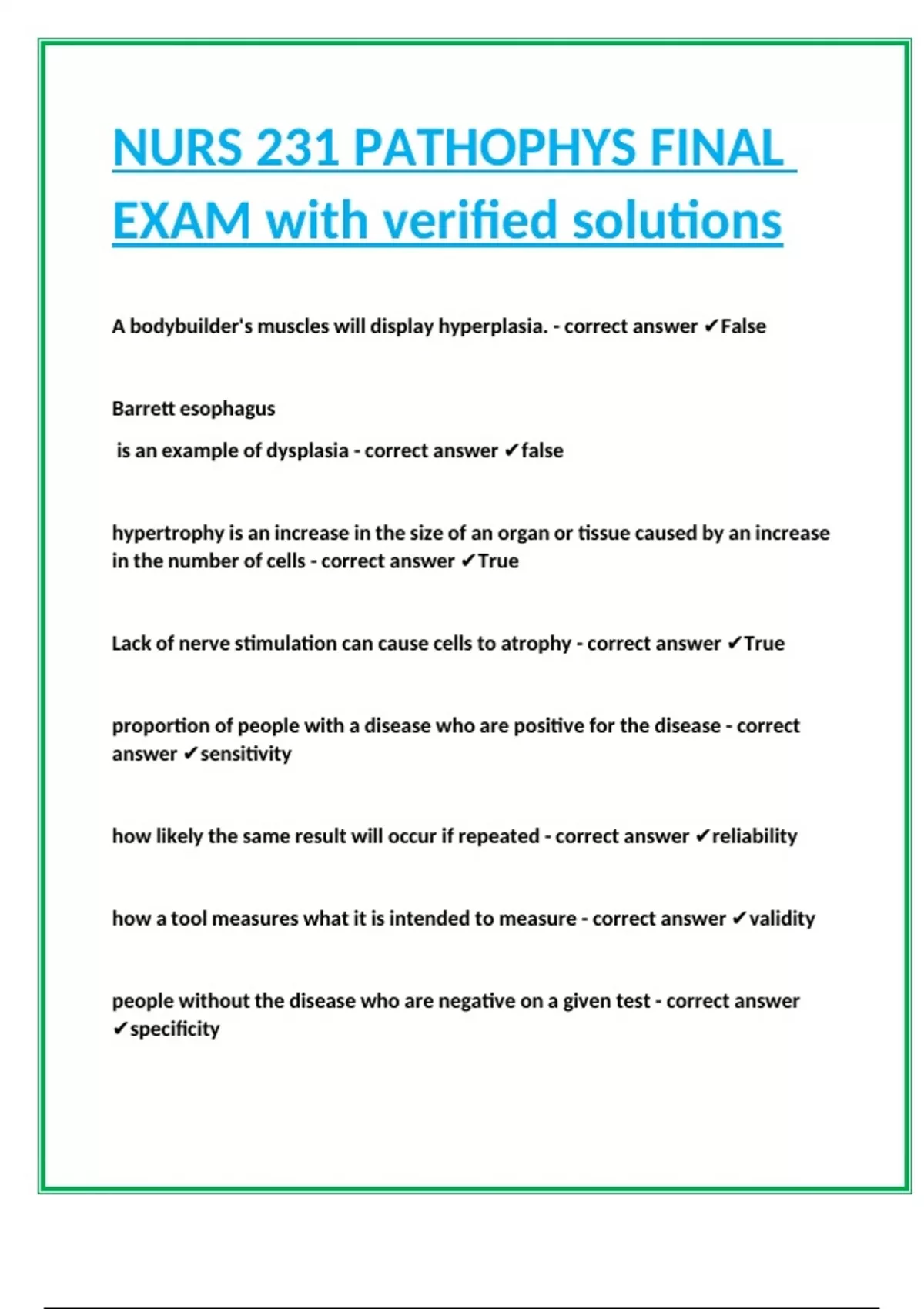NURS 231 PATHOPHYS FINAL EXAM |250 QUESTIONS with verified solutions ...