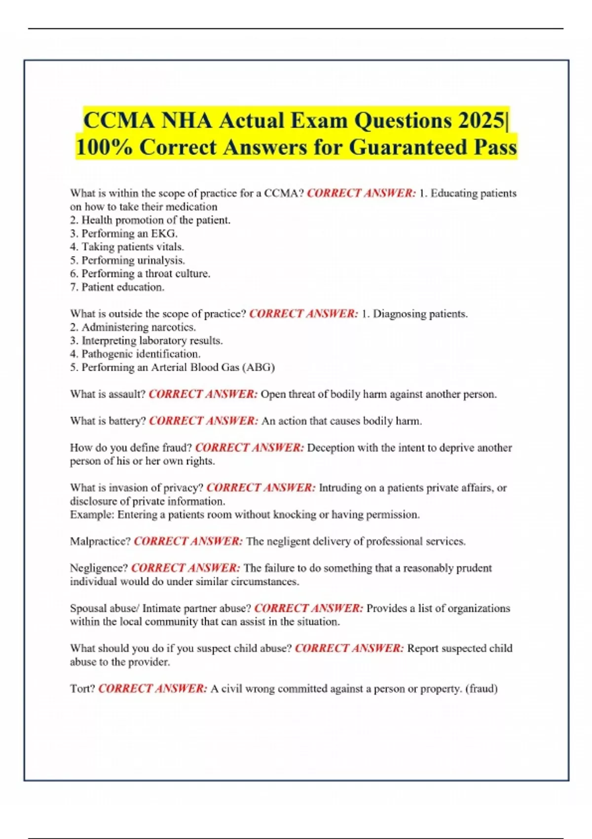 CCMA NHA FINAL EXAM 2025 Complete Package Deal - Stuvia US