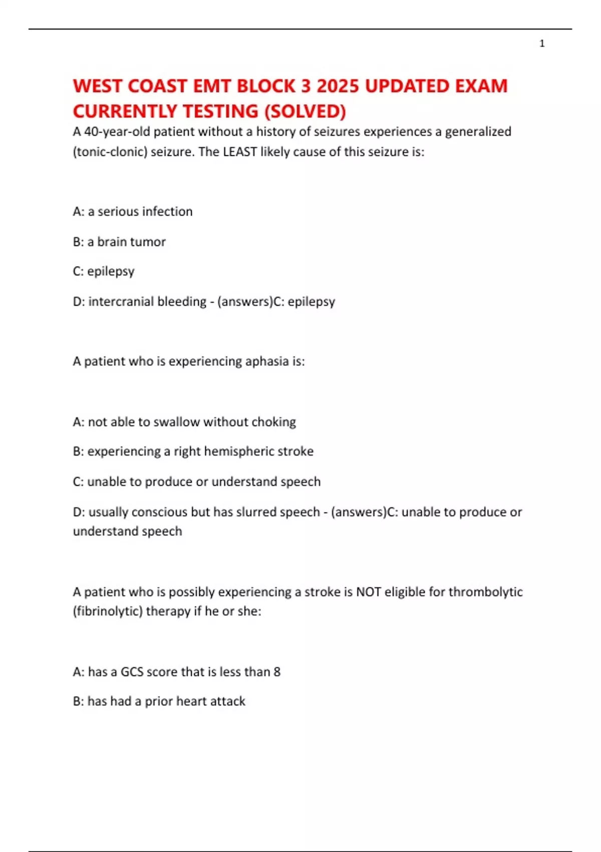 WEST COAST EMT BLOCK 3 2025 UPDATED EXAM CURRENTLY TESTING (SOLVED ...