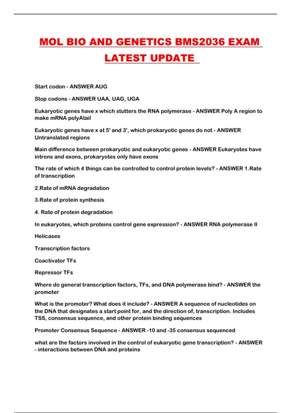 MOL BIO AND GENETICS BMS2036 EXAM LATEST UPDATE - BMS2036 - Stuvia US
