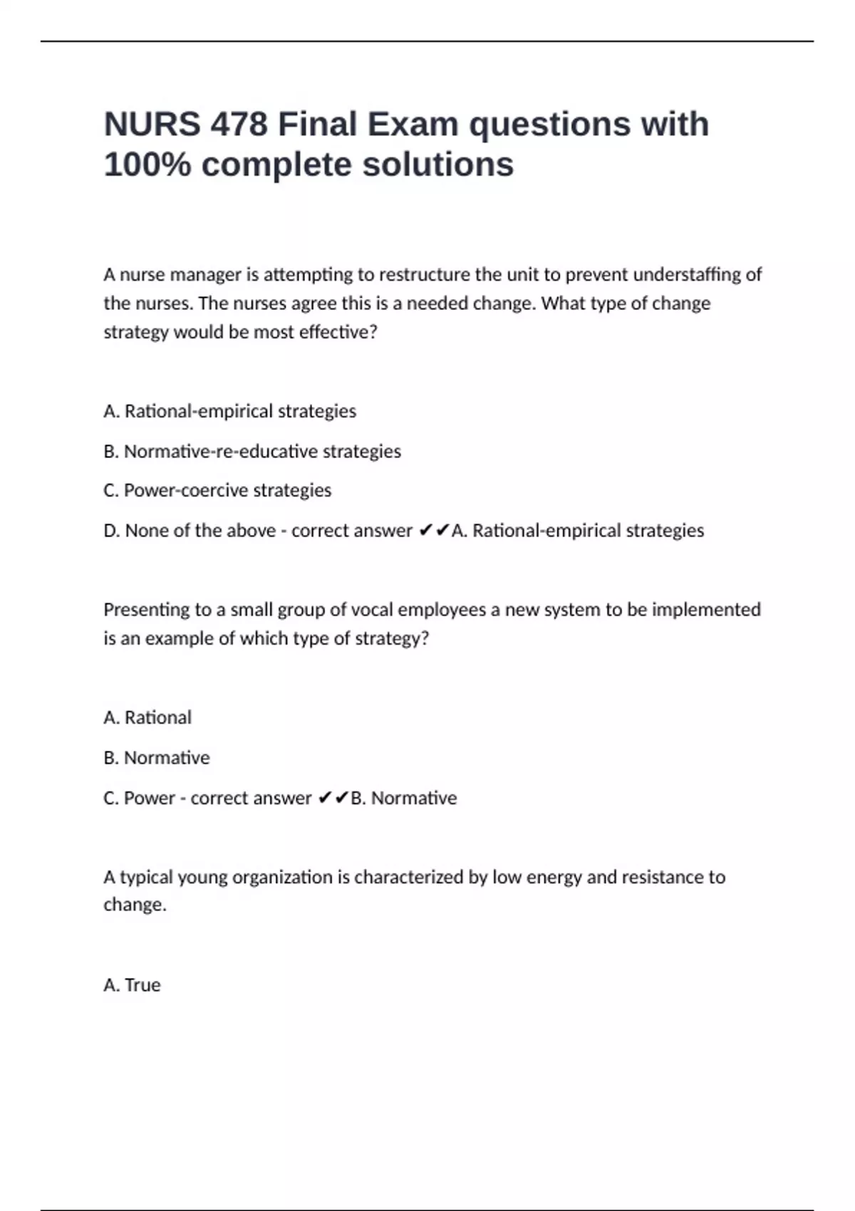 NURS 478 Final Exam questions with 100% complete solutions - NURS 478 - Stuvia US