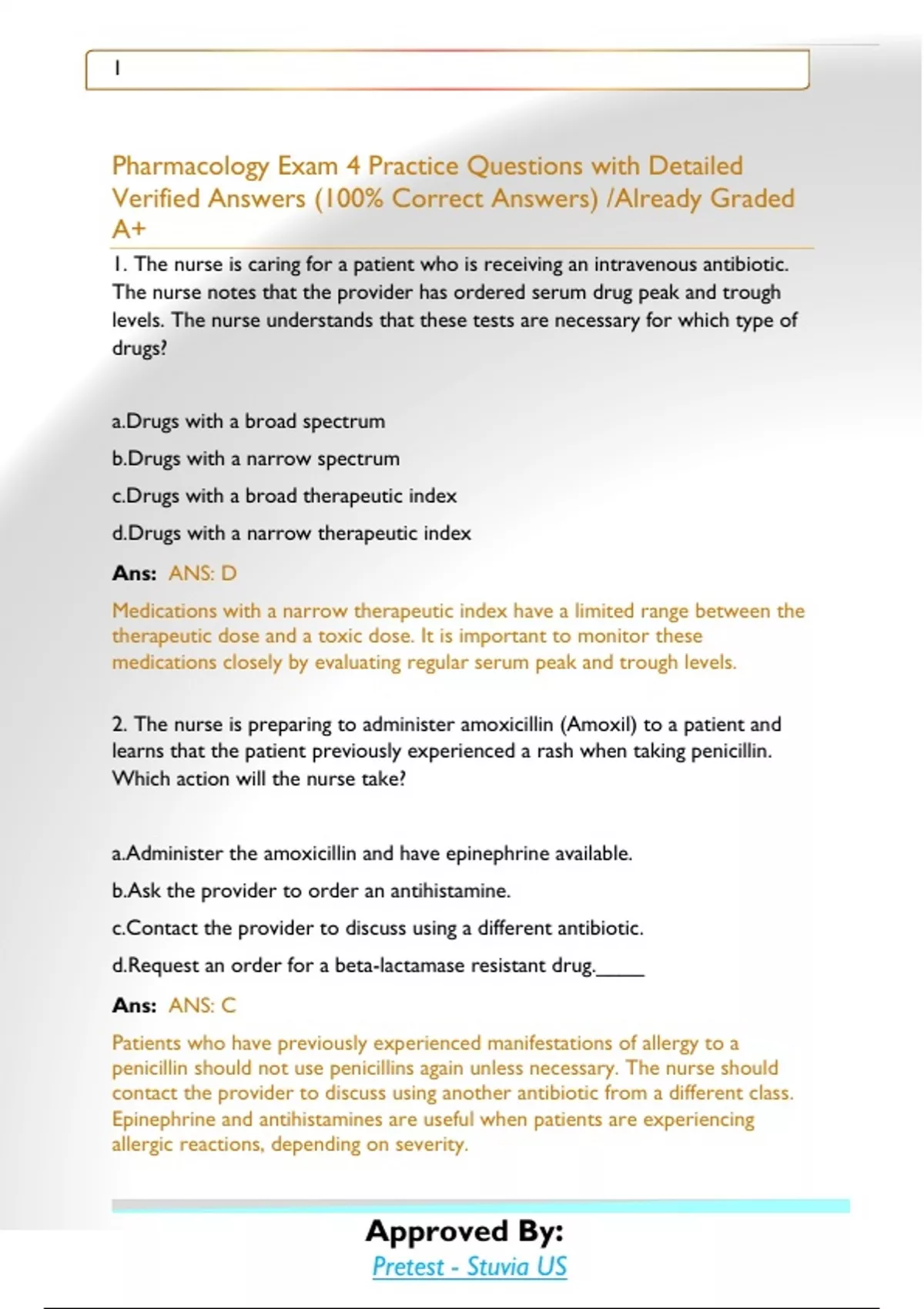 Pharmacology Exam 4 Practice Questions with Detailed Verified Answers ...