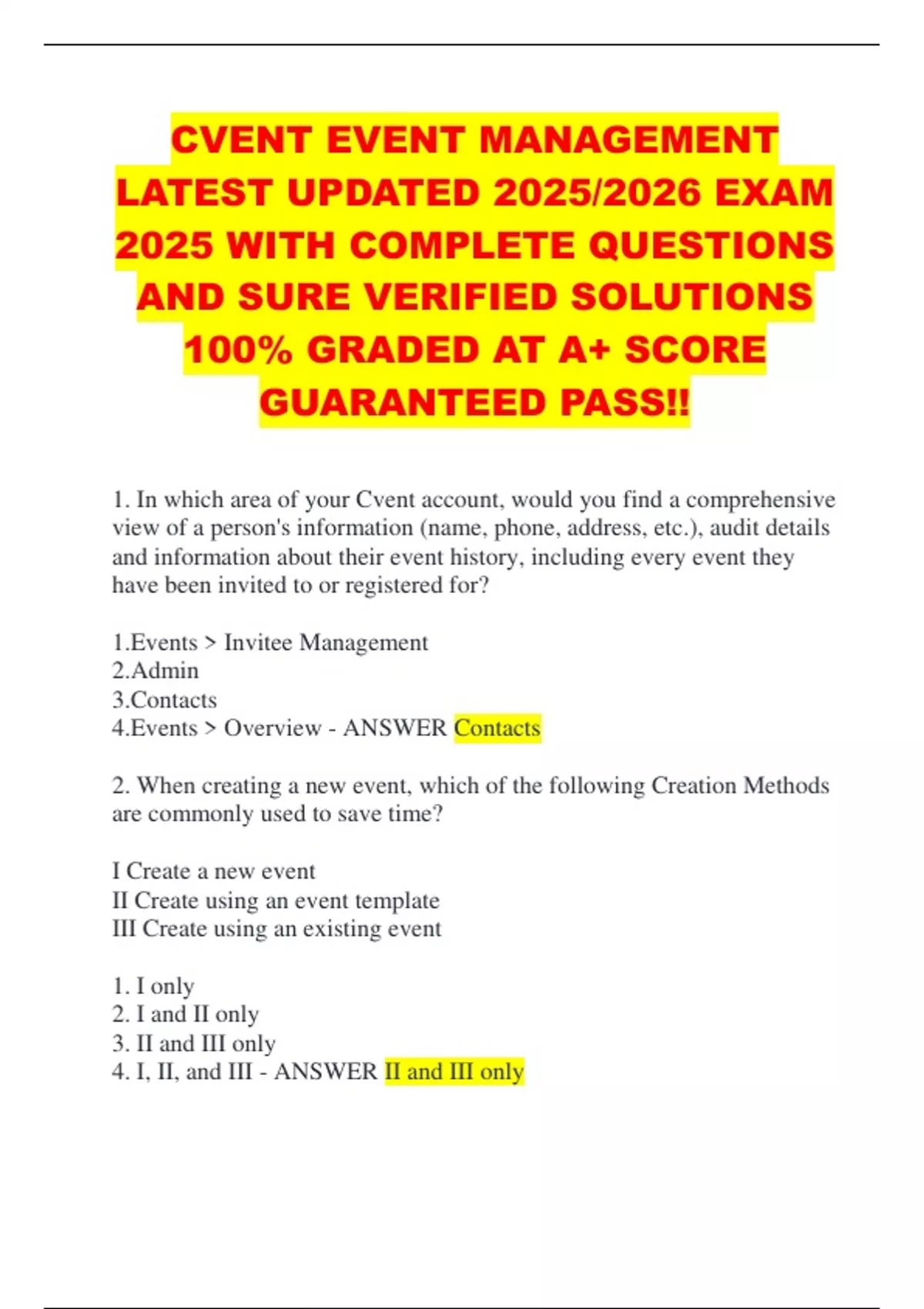 CVENT EVENT MANAGEMENT LATEST UPDATED 2025/2026 EXAM 2025 WITH COMPLETE ...