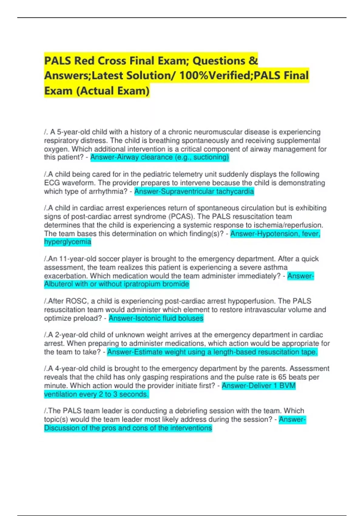 PALS Red Cross Final Exam; Questions & Answers;Latest Solution/ 100 ...