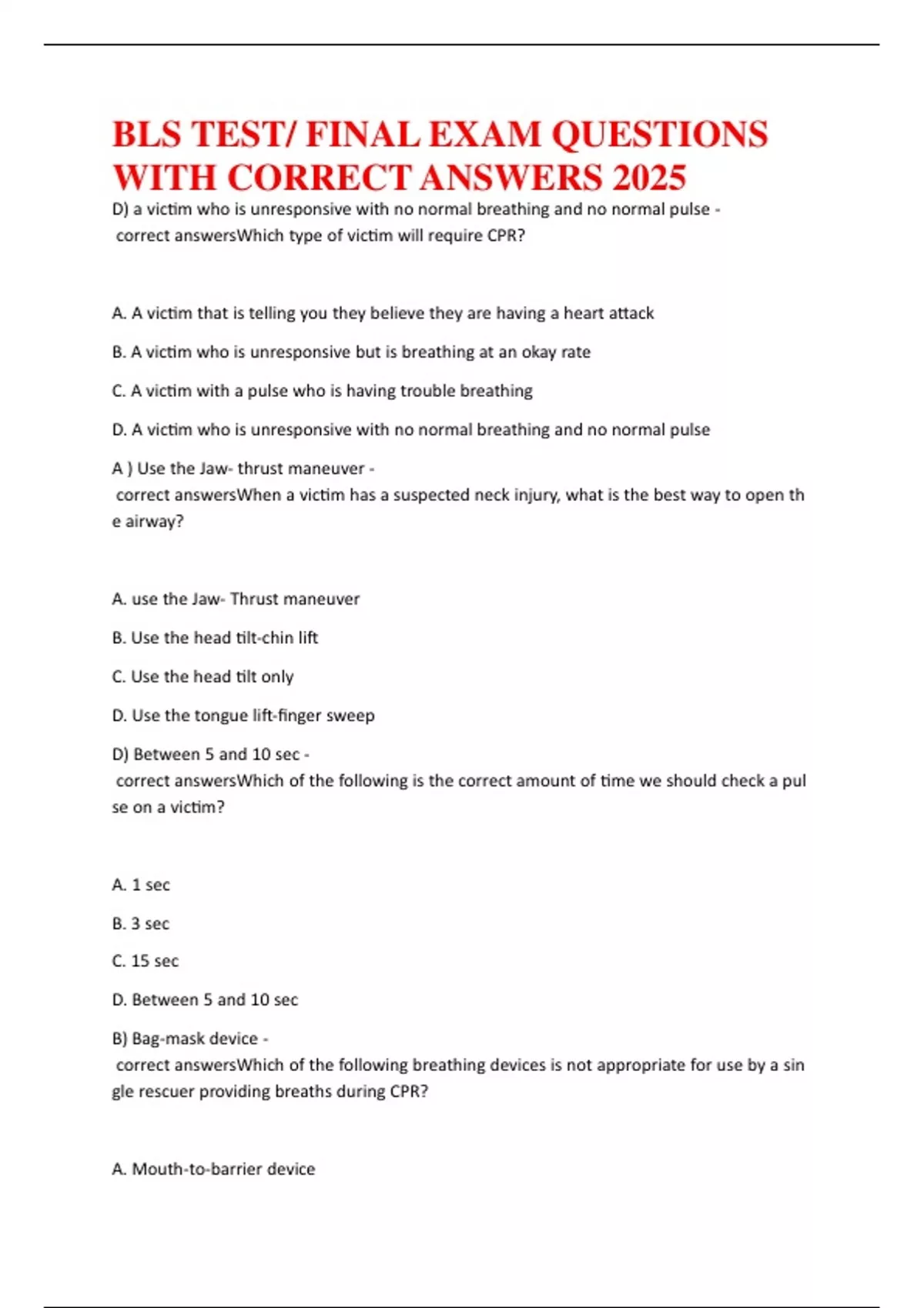 BLS TEST FINAL EXAM QUESTIONS WITH CORRECT ANSWERS 2025 - Bls - Stuvia US