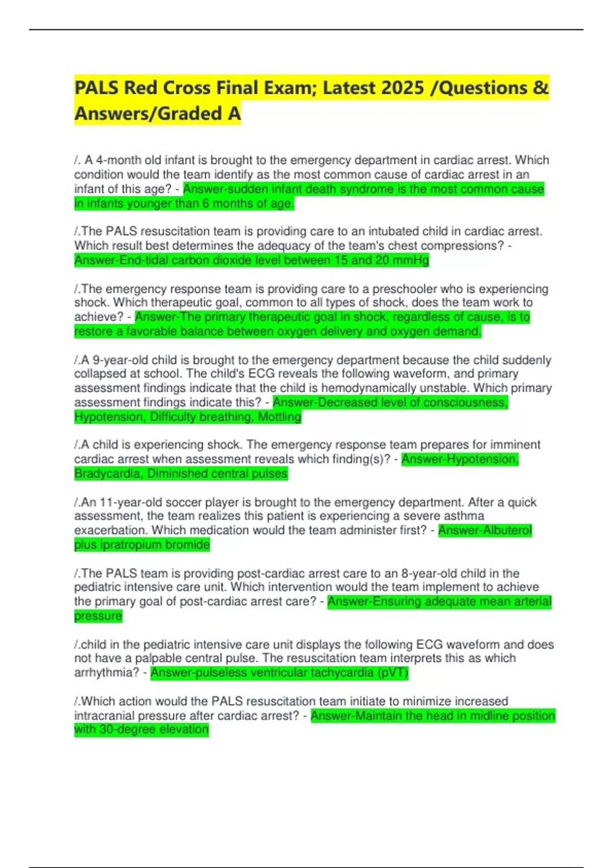 PALS Red Cross Final Exam; Latest 2025 /Questions & Answers/Graded A ...