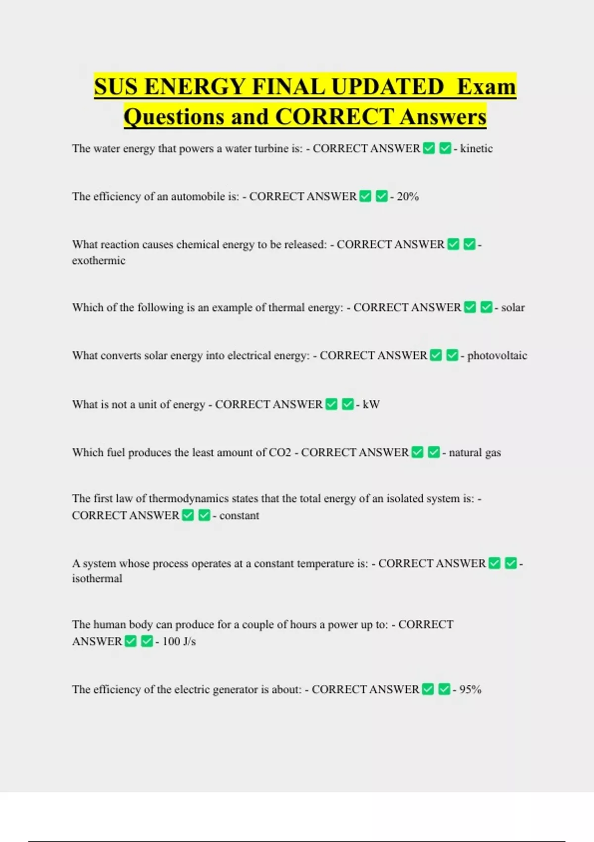 SUS ENERGY FINAL UPDATED Exam Questions and CORRECT Answers - SUS ...