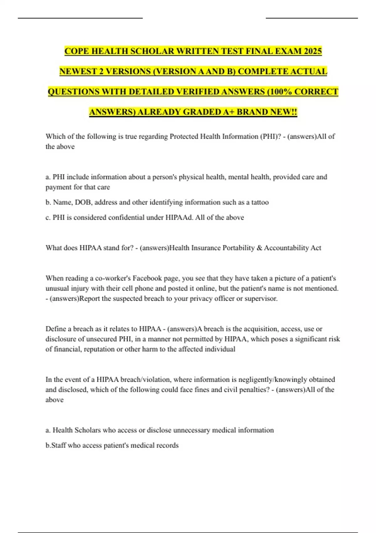 COPE HEALTH SCHOLAR WRITTEN TEST FINAL EXAM 2025 NEWEST 2 VERSIONS ...