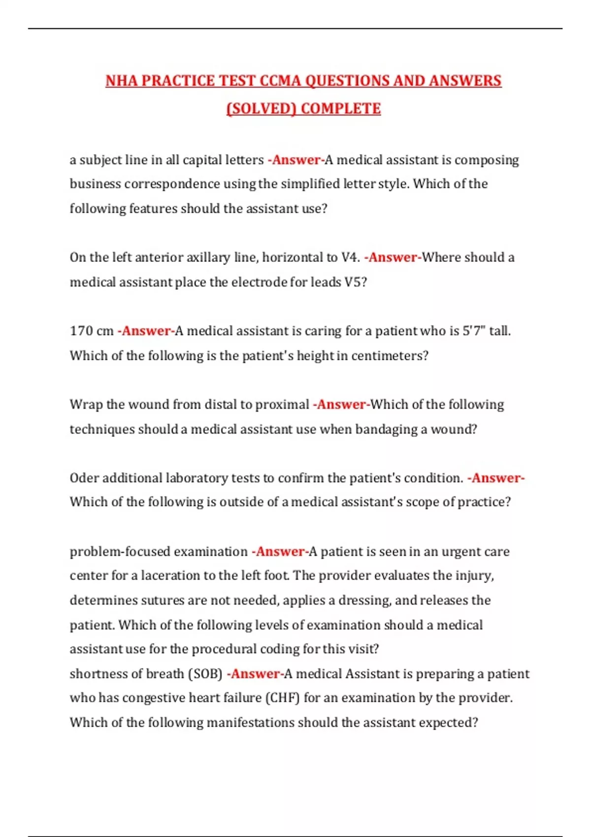 NHA PRACTICE TEST CCMA QUESTIONS AND ANSWERS (SOLVED) COMPLETE - NHA ...