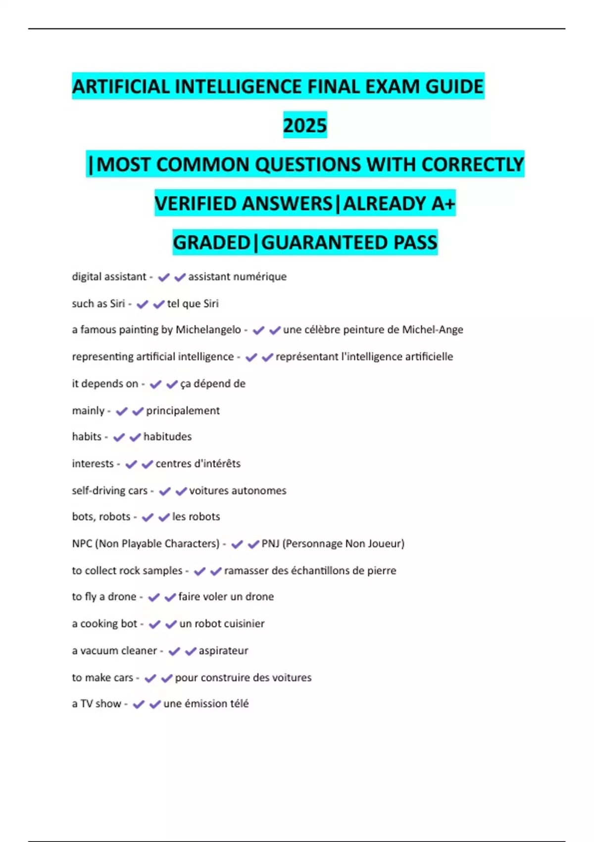 ARTIFICIAL INTELLIGENCE FINAL EXAM GUIDE 2025 |MOST COMMON QUESTIONS WITH CORRECTLY VERIFIED ...