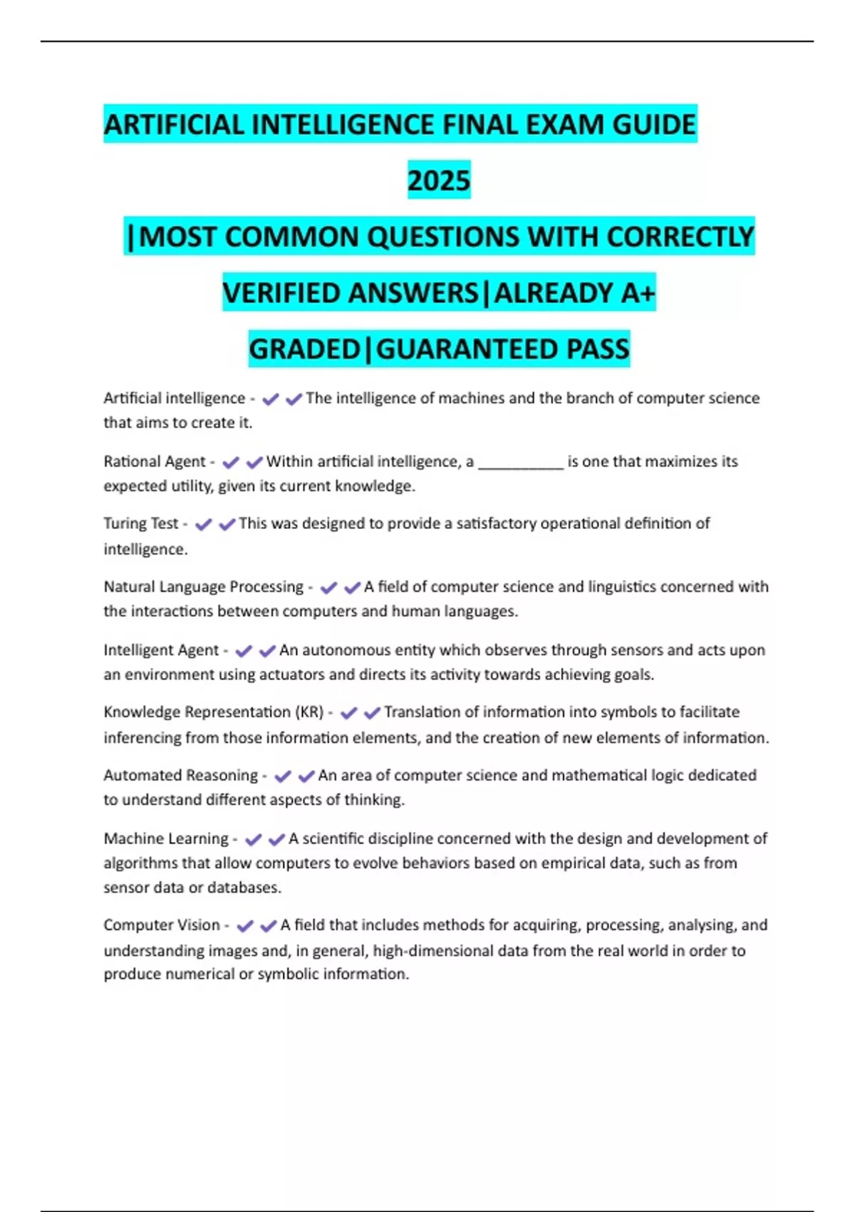ARTIFICIAL INTELLIGENCE FINAL EXAM GUIDE 2025 |MOST COMMON QUESTIONS ...