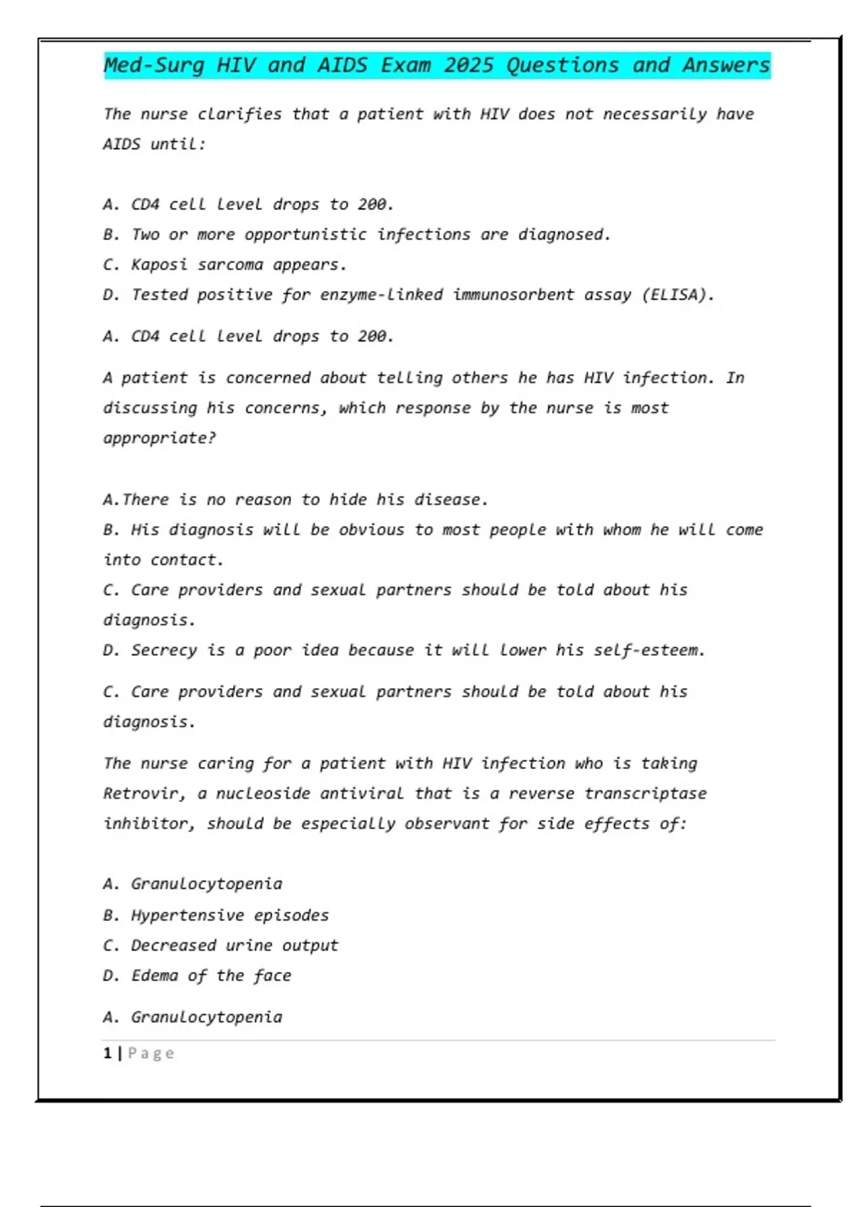 Med-Surg HIV and AIDS Exam 2025 Questions and Answers - Med-Surg HIV ...